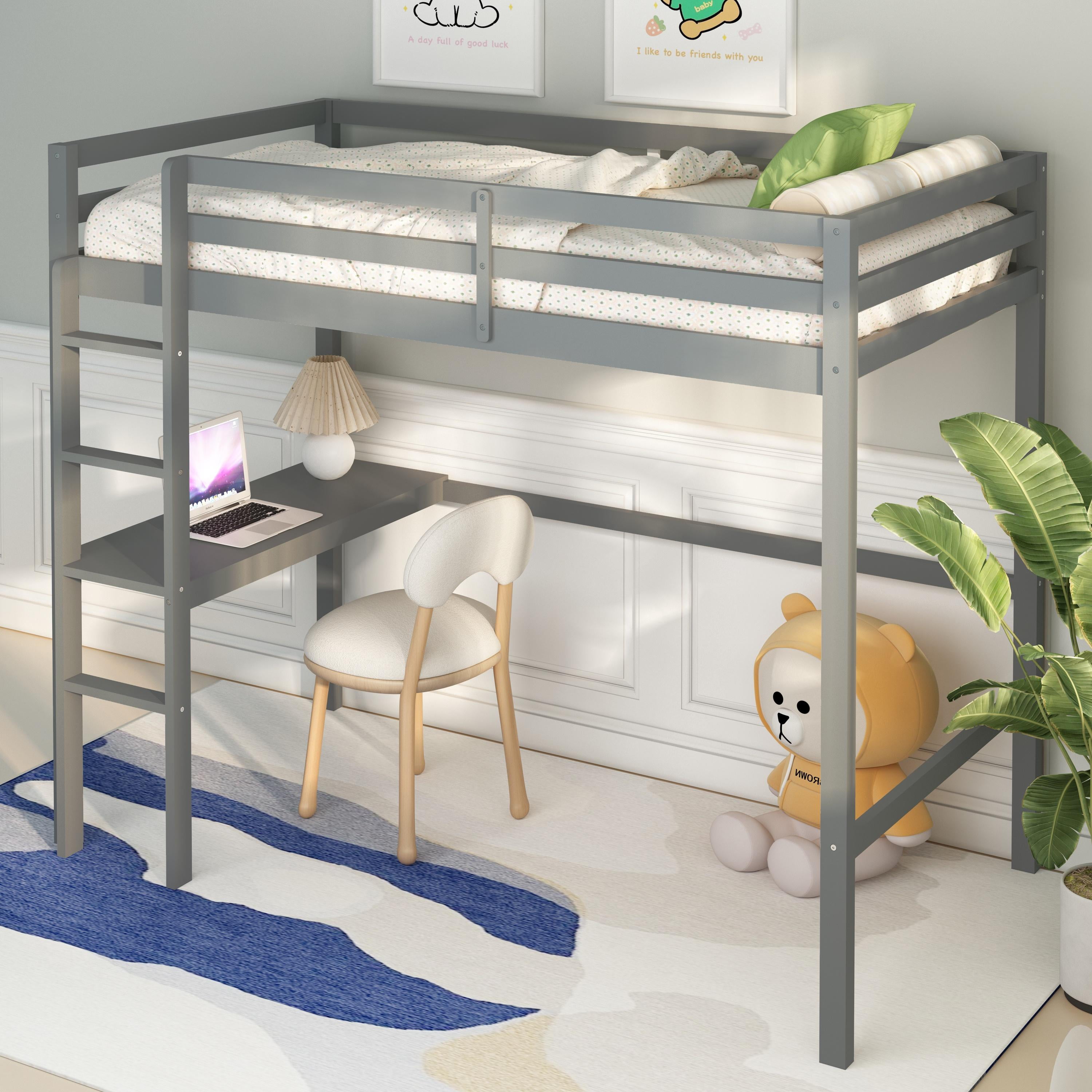 BTMWAY Kids Wood Twin Loft Bed with Desk and Ladder, Gray - Walmart.com