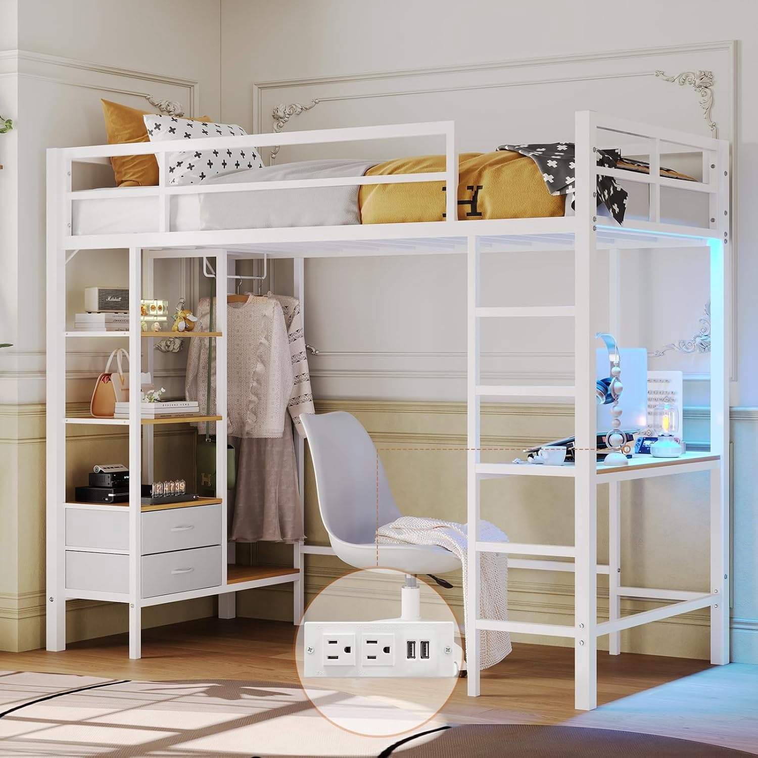 Mabor Twin Loft Bed with Desk&Charging Stations&Led Lights, LED Metal ...