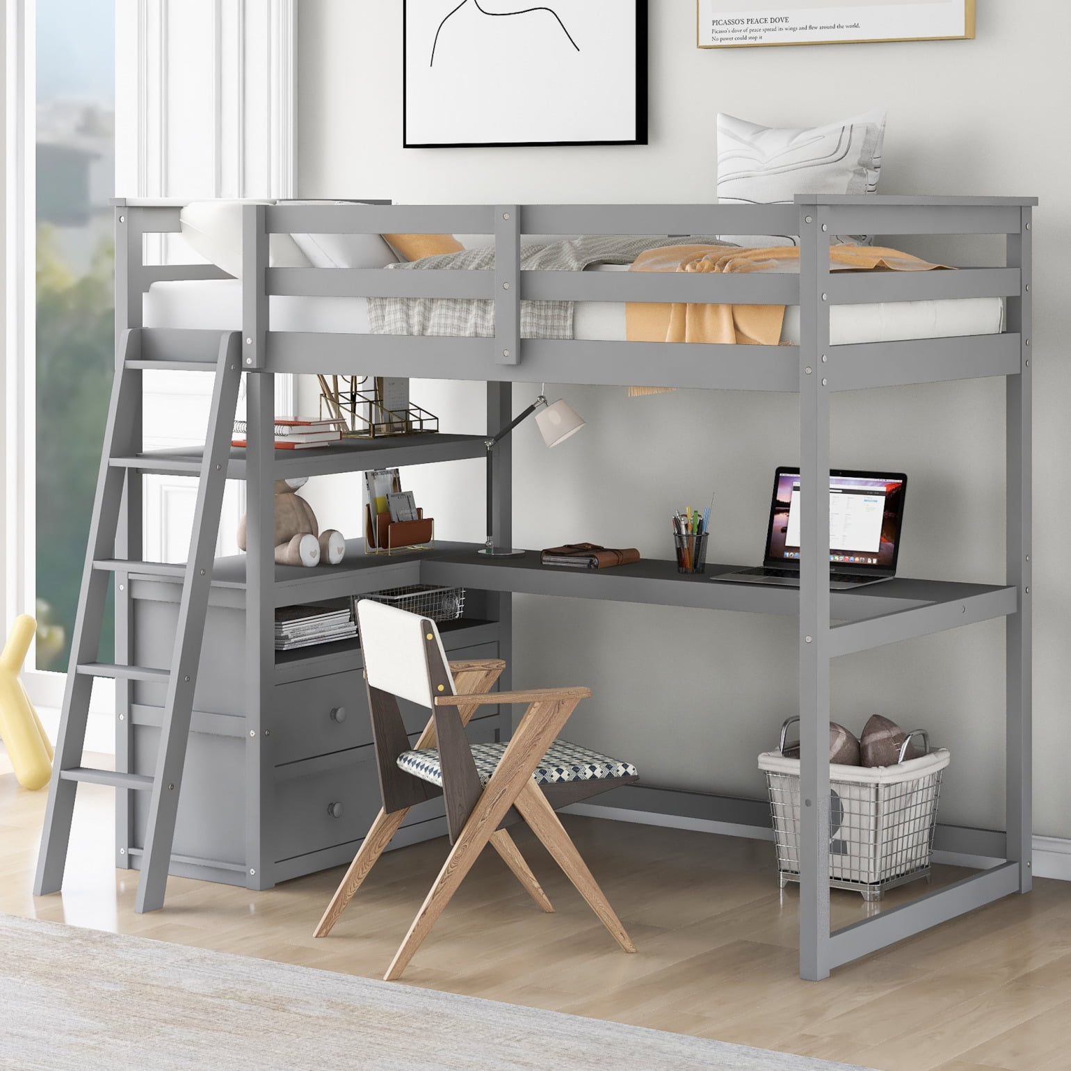 Twin Loft Bed with Desk, Modern Platform Bed with Book Shelves ...