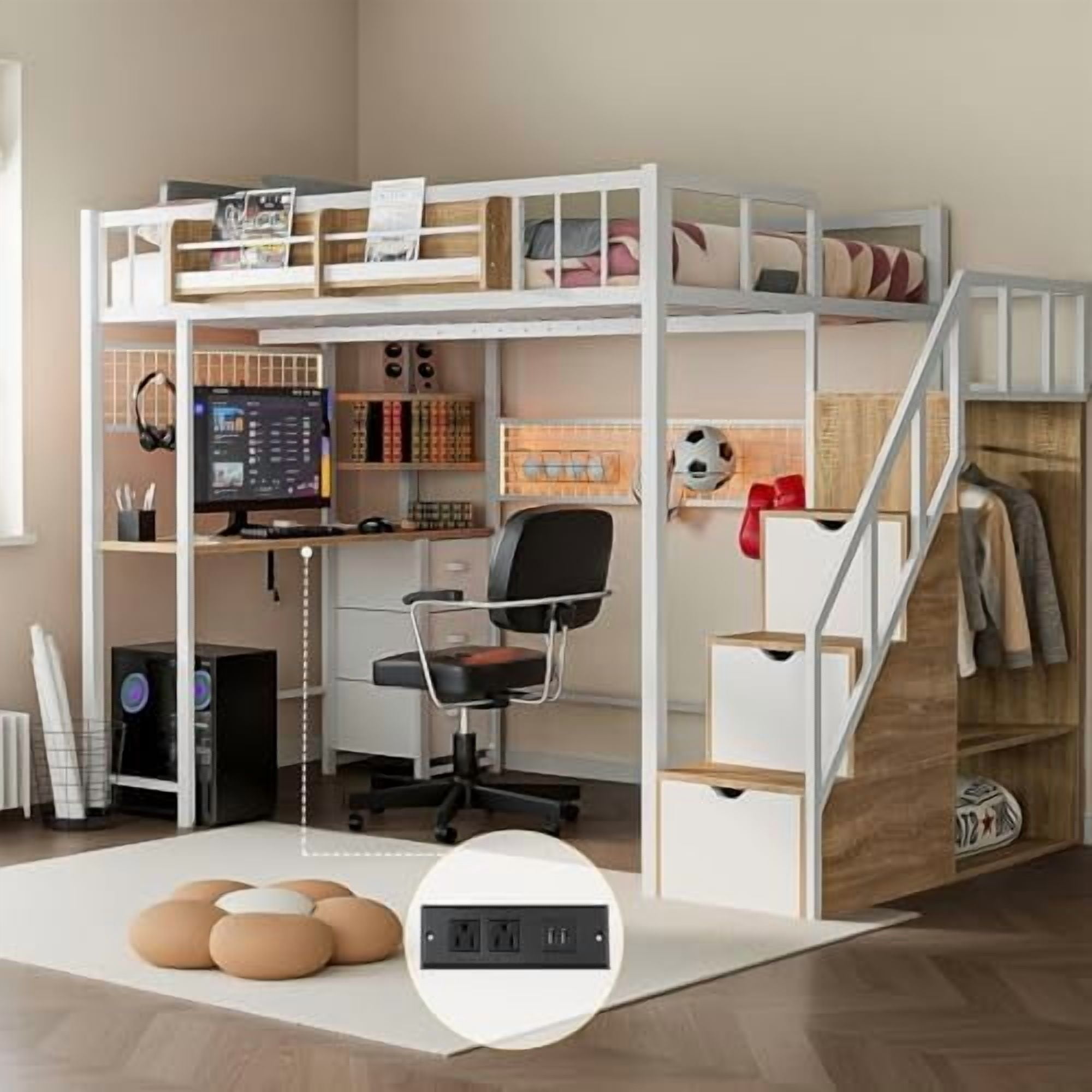 Twin Loft Bed with Desk, Storage Stairs & Wardrobe, Metal Loft Bed ...
