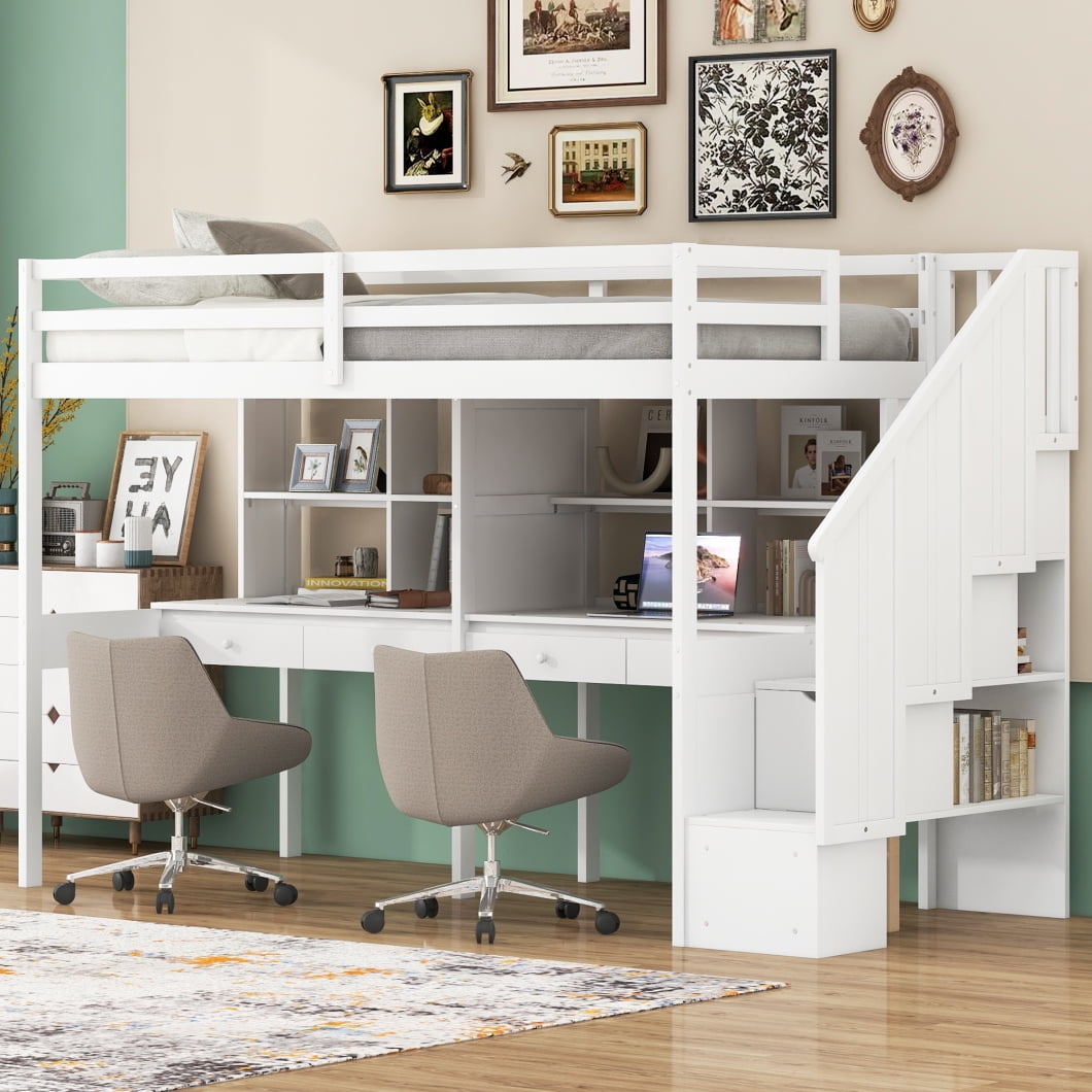 Twin Loft Bed with Double Desks and Shelves, Solid Wood Loft Bed Frame ...
