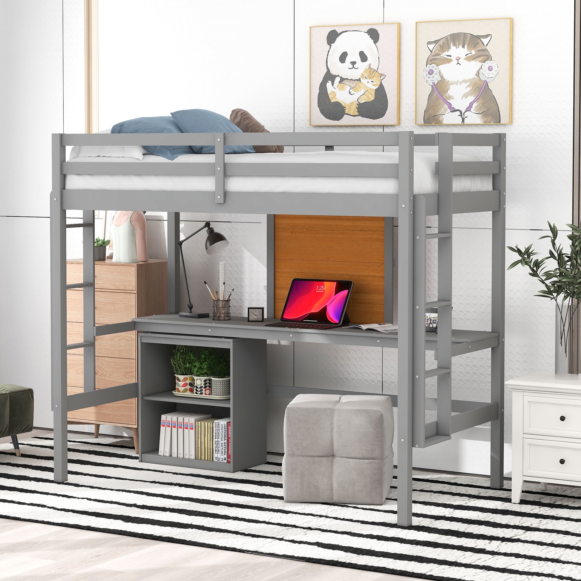 Twin Loft Bed Frame with Desk and Writing Board, Modern Wooden High ...
