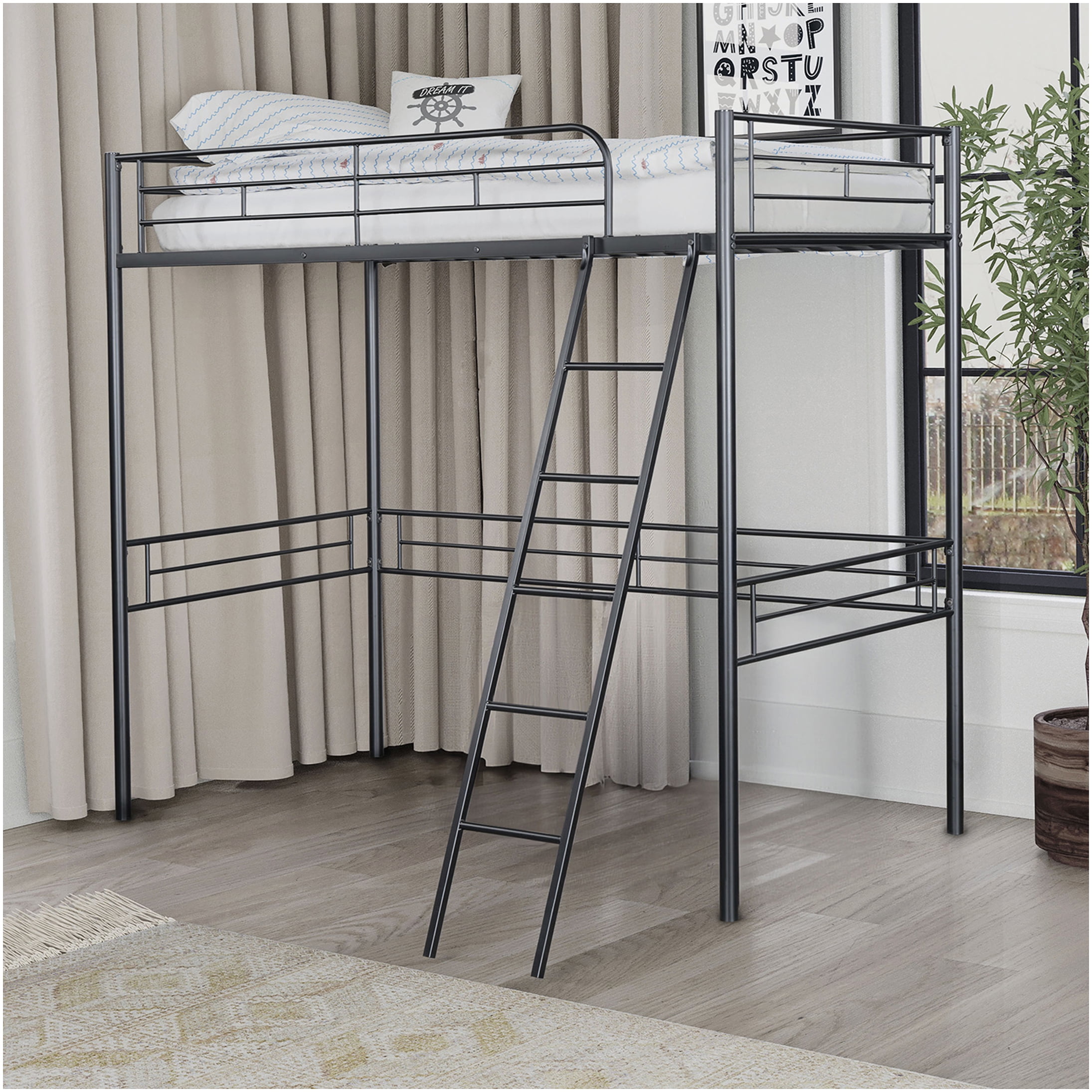 Twin Loft Bed Frame with Ladder, Black Metal Lofted Bed for Small ...
