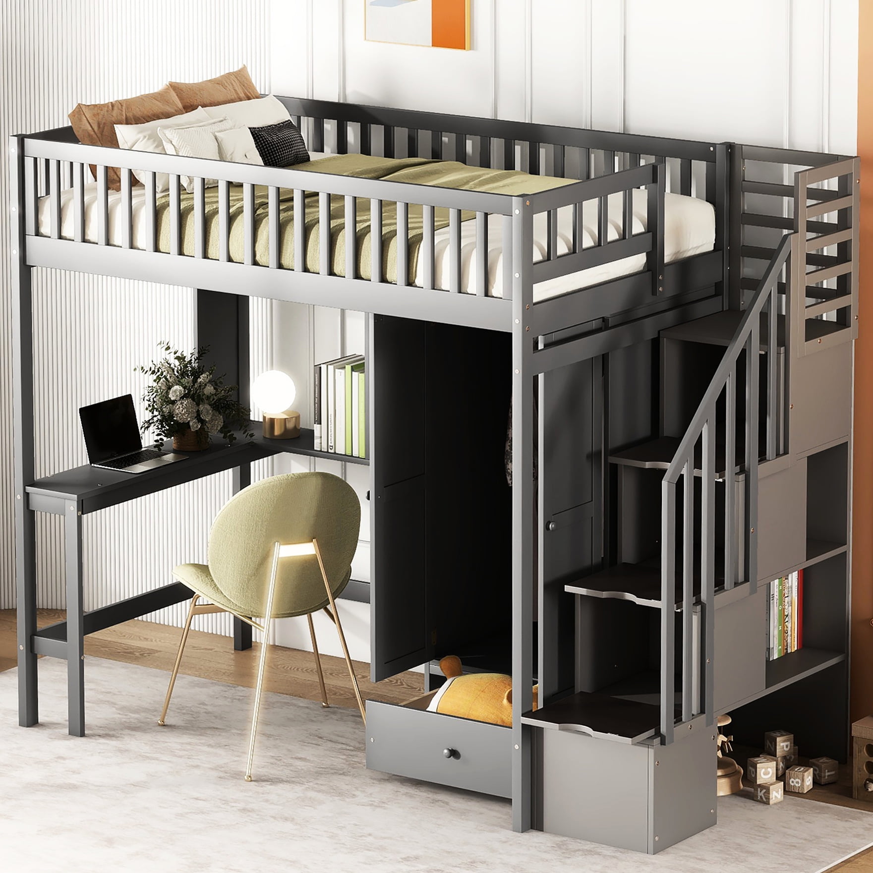 Twin Loft Bed In Gray With Bookshelf And Drawers. Strong Solid Wood ...