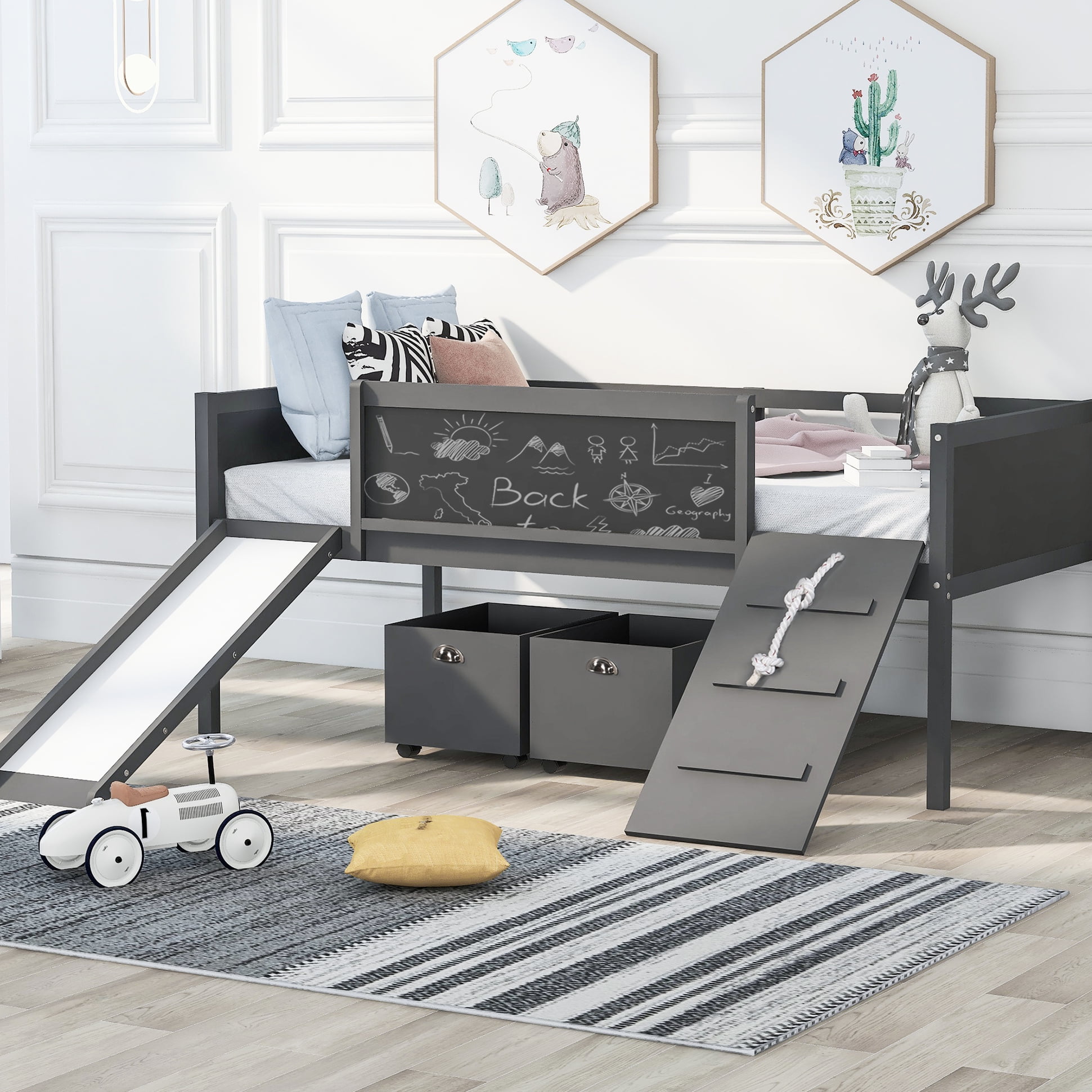 Twin Loft Bed In Gray. Two Storage Boxes, Climbing Adventure. Solid ...