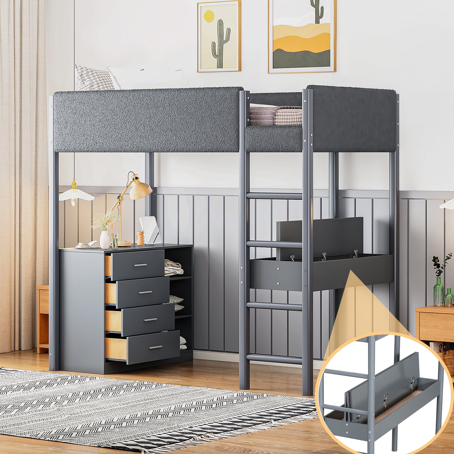 Twin Loft Bed In Gray With Soft Padding And Additional Storage Room ...