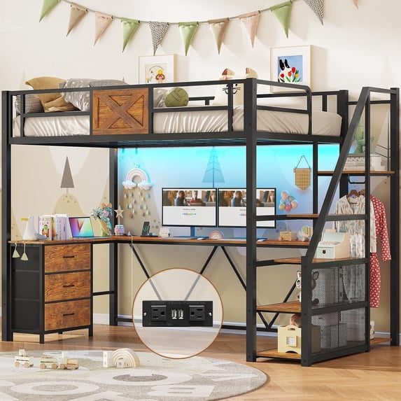 Itaar, Twin Loft Bed with Desk and Wardrobe, Rustic Brown, 93" L ...