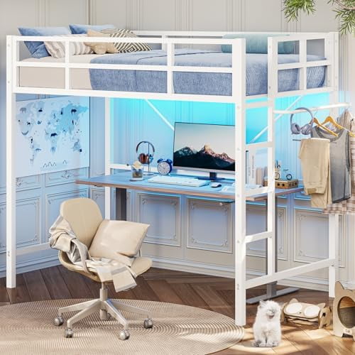 Twin Loft Bed with LED Lights, Loft Bed LED Twin Size with Full-Length ...