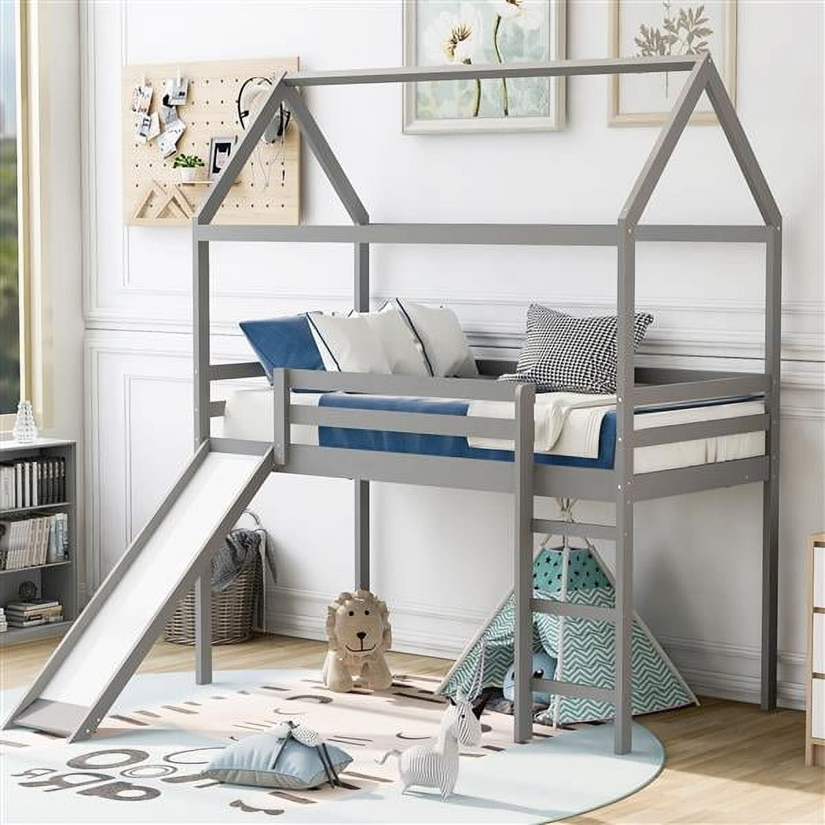 "Twin Loft Bed with Slide - Gray Wooden House Frame for Kids - 175LB ...