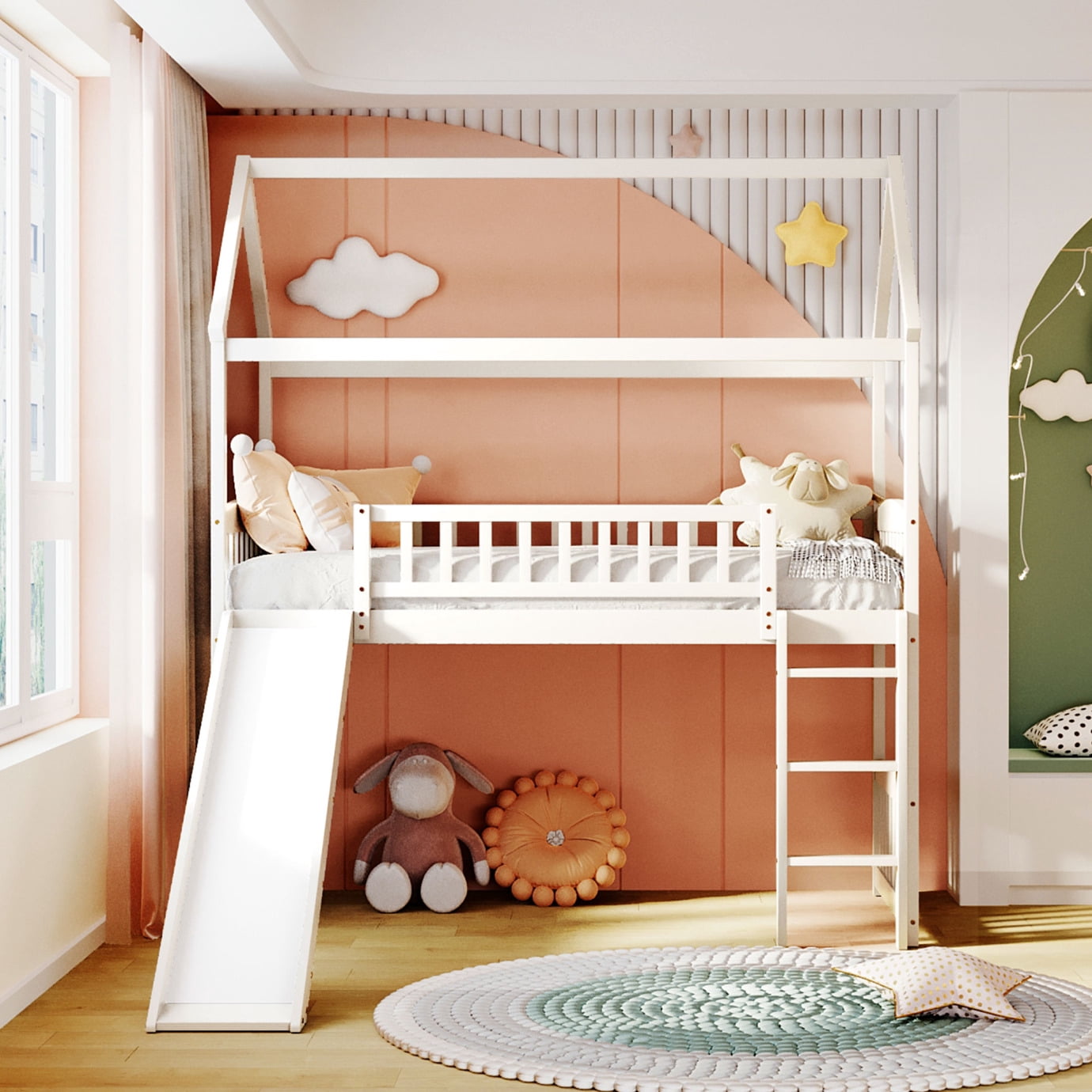 Twin Loft Bed with Slide, House Shaped Wood Bed Frame w/Safety ...