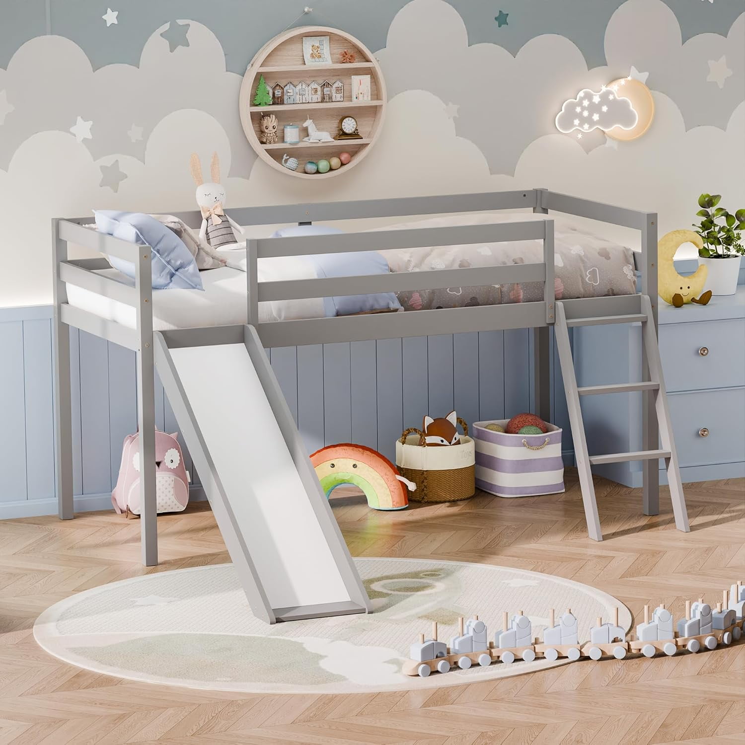 Twin Loft Bed with Slide and Ladder, Solid Pine Wood Bed Frame for Kids ...