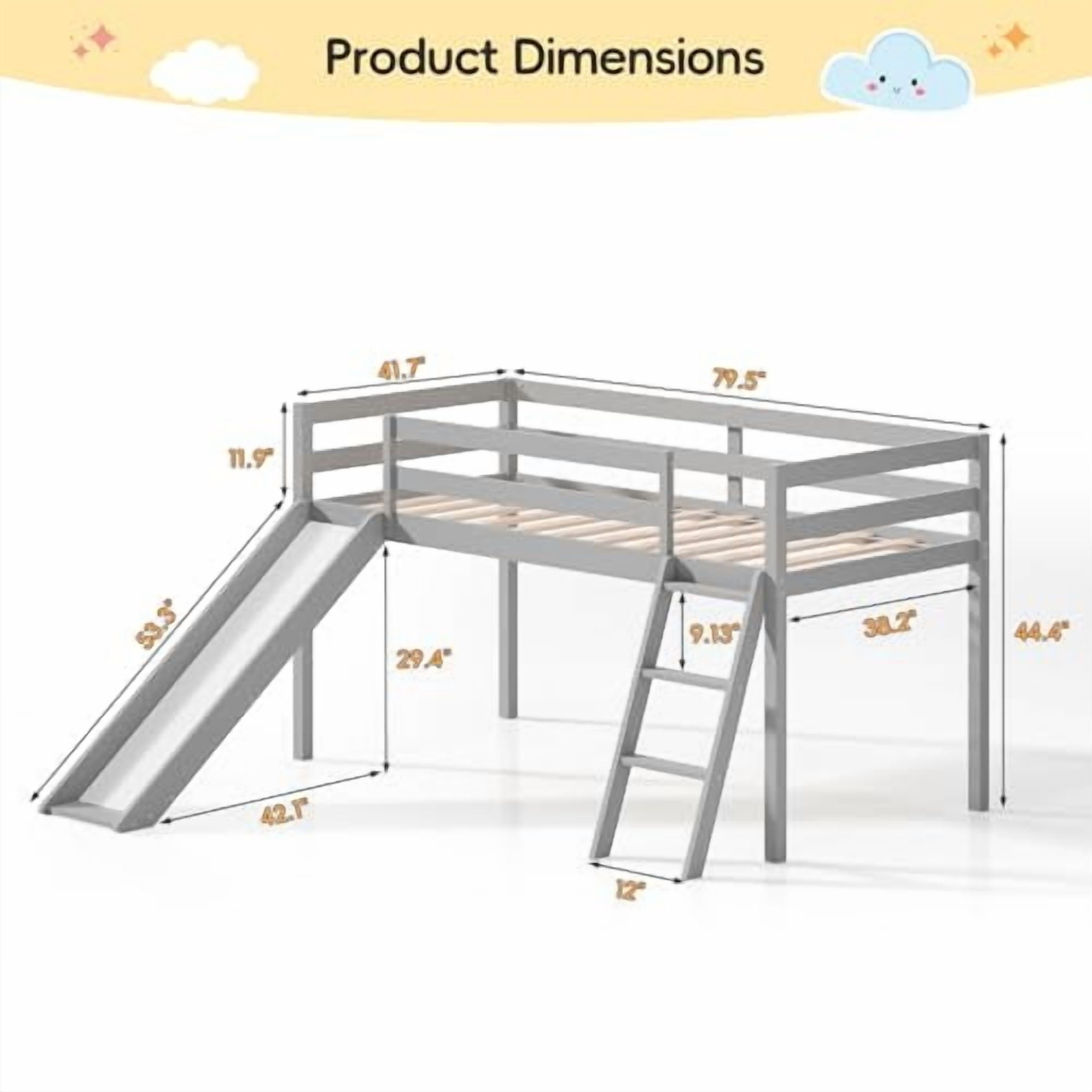 Twin Loft Bed with Slide and Ladder, Solid Pine Wood Bed Frame for Kids ...