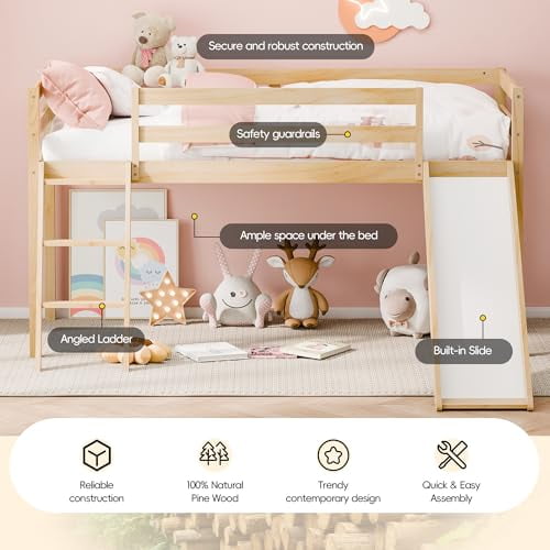 Twin Loft Bed with Slide and Ladder, Solid Pine Wood Bed Frame for Kids ...