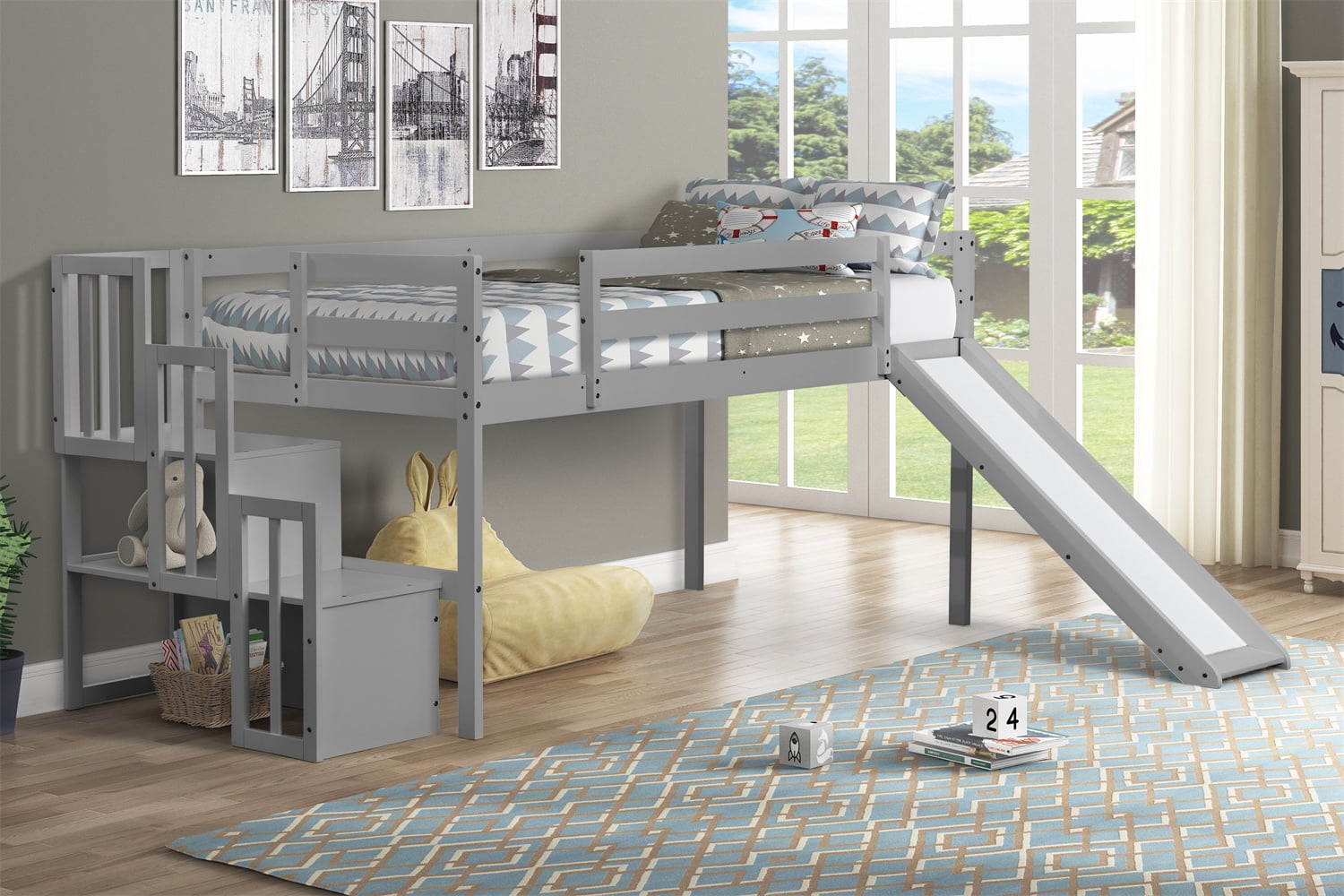Twin Loft Bed with Slide and Staircase, Wooden Loft Bed Frame with ...