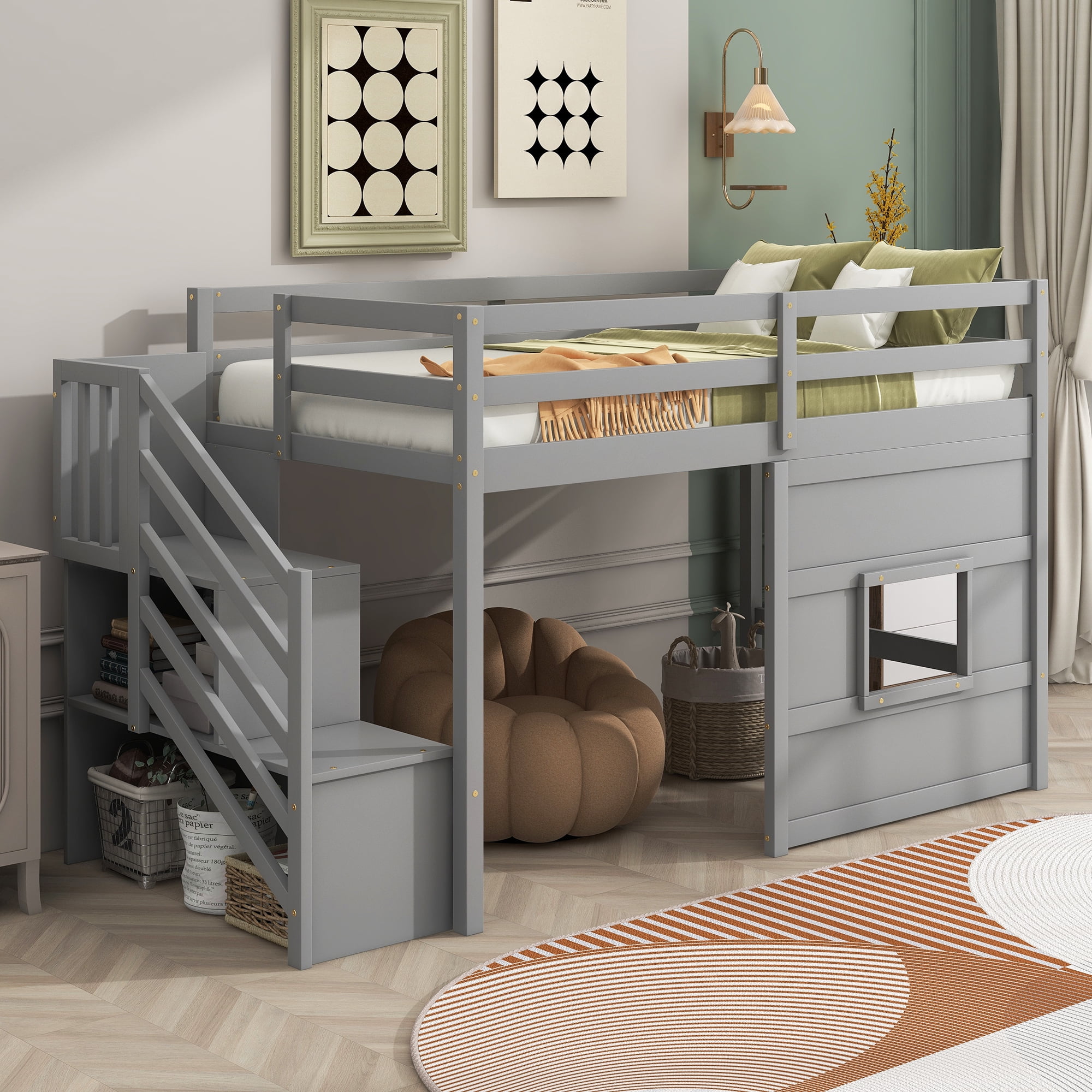 Twin Loft Bed, Solid Wood Loft Bed Frame with Storage Staircase and ...