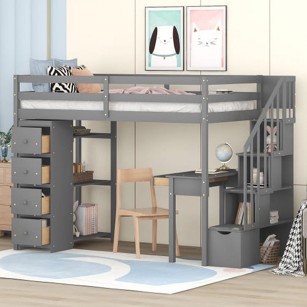 Twin Loft Bed, Solid Wood Loft Bed with Stairs, Desk and Storage ...