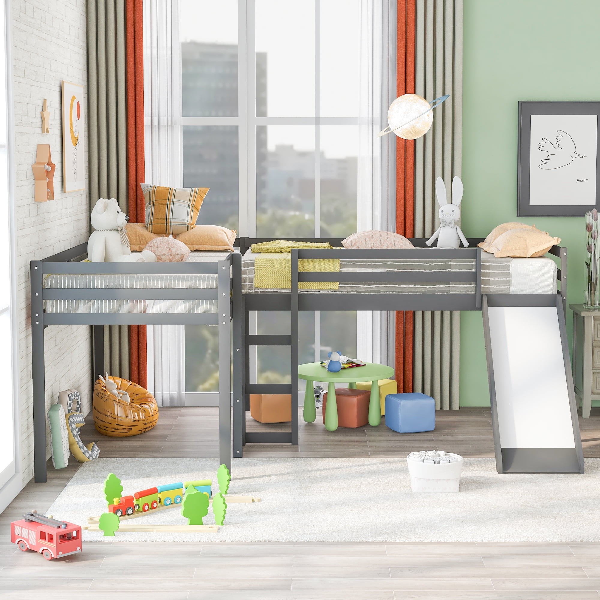 Twin Loft Bed Solid Wood L-Shaped Loft Bed with Slide and Ladders ...