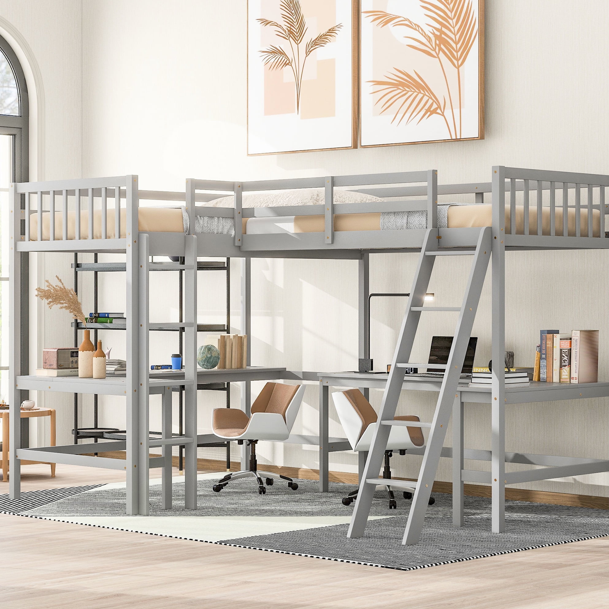 Twin Loft Bed With 2 Built-in Desks, , Gray Wood - Spacious Bedroom ...