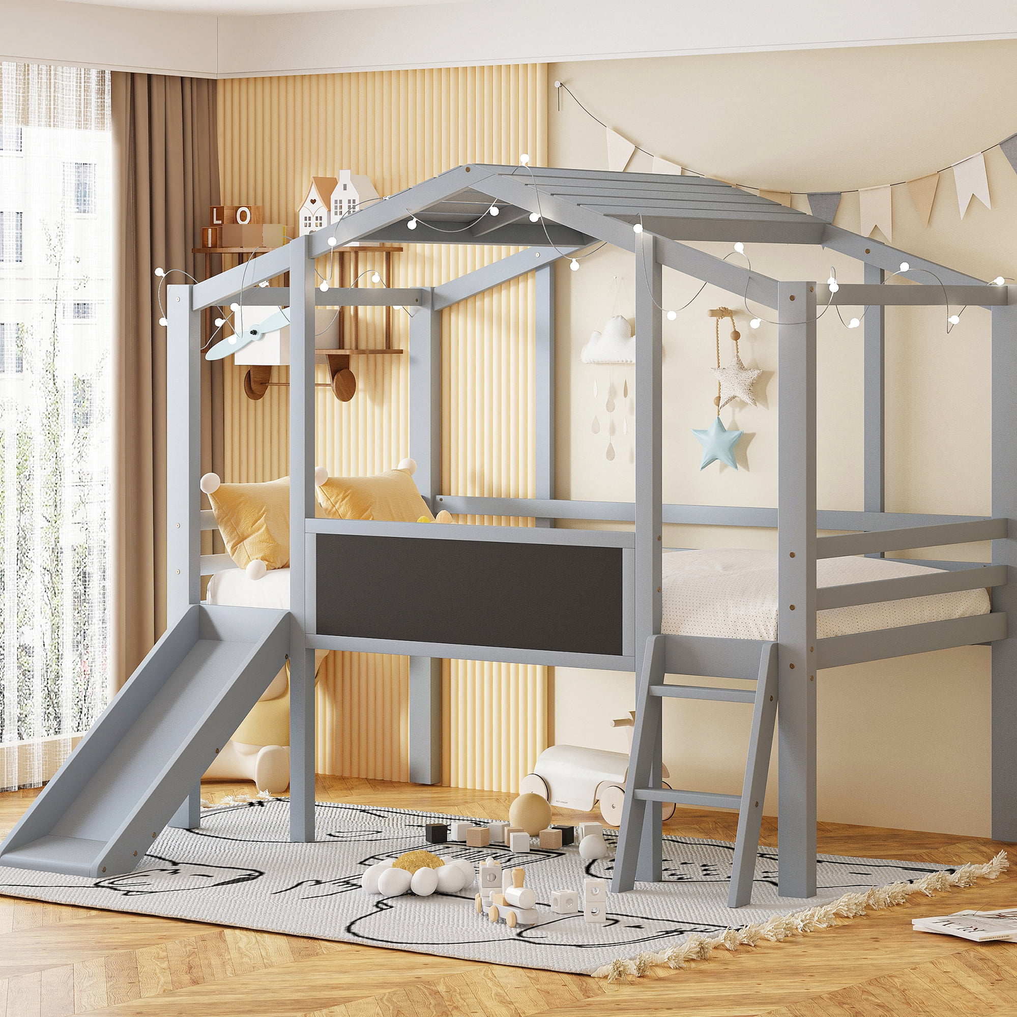 Twin Loft Bed With And Slide In Gray, House-style Blackboard Bewitching ...