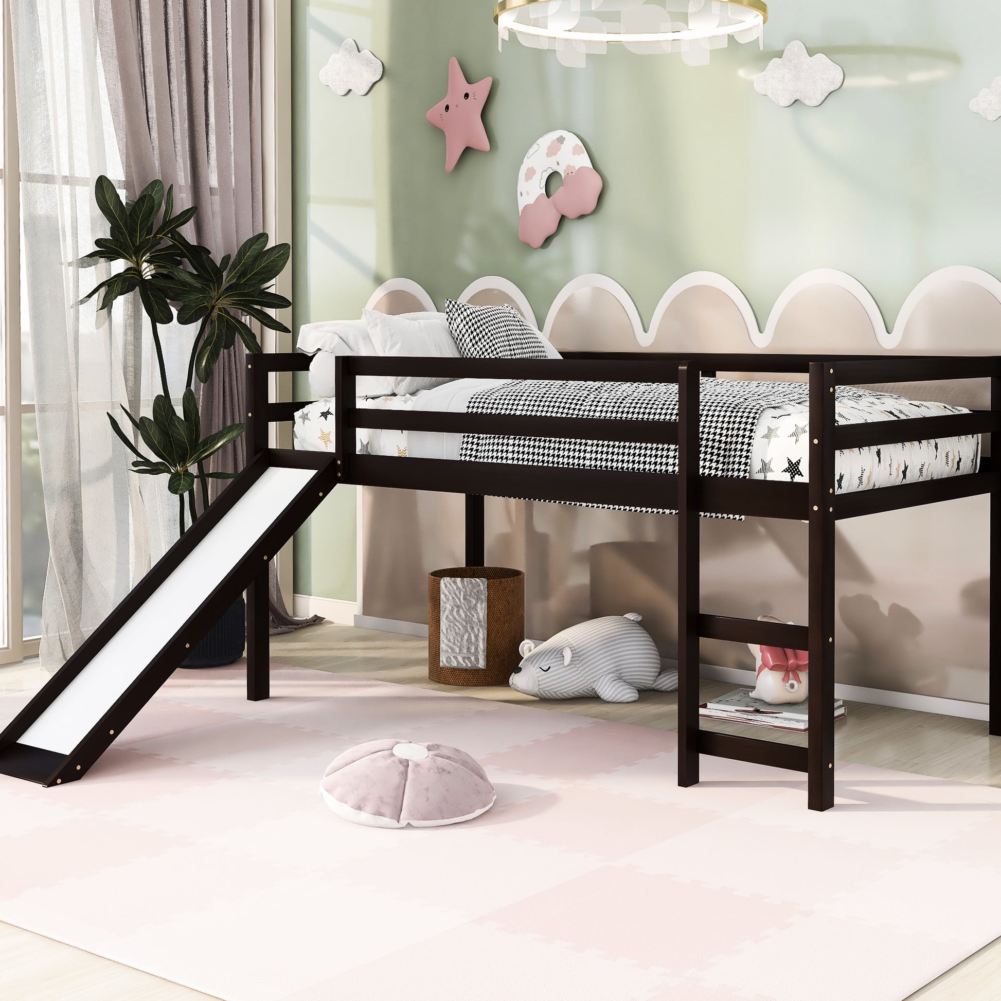 Twin Loft Bed With Slide In - Solid Wood, No Box Spring, Ages 6+ Years Old Size Slide ...