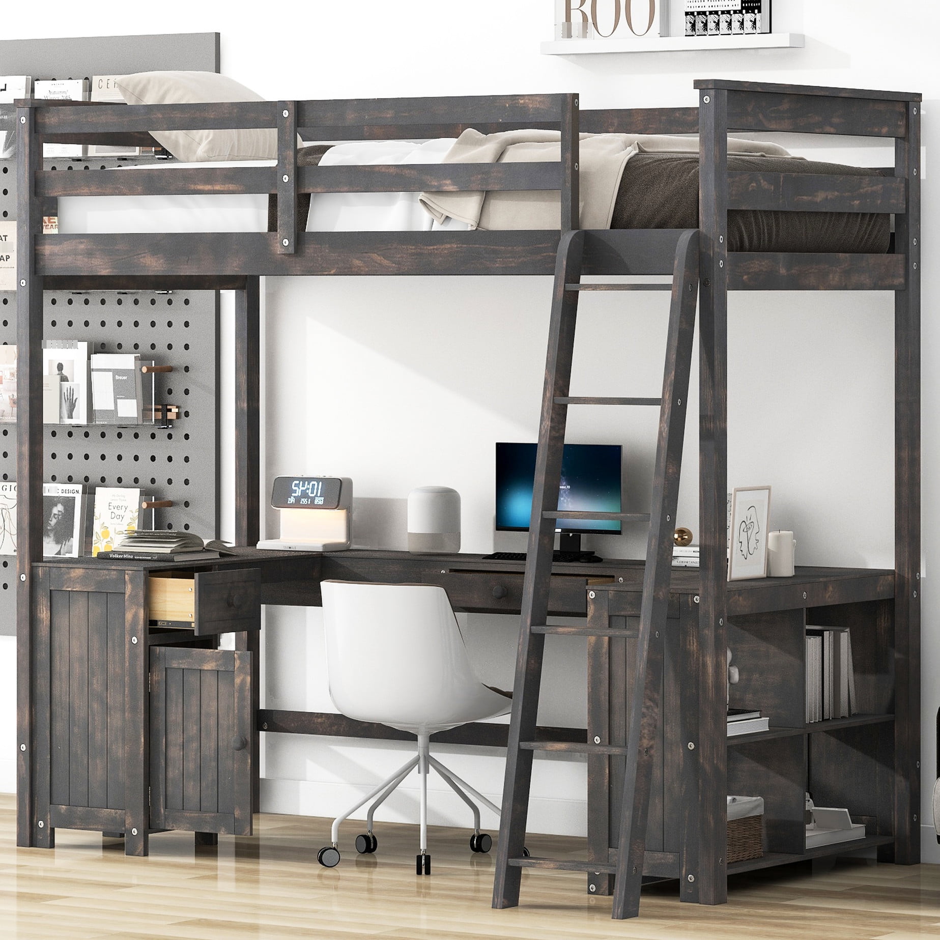 Twin Loft Bed With U-shaped Desk, Drawers And Antique Brown Storage ...
