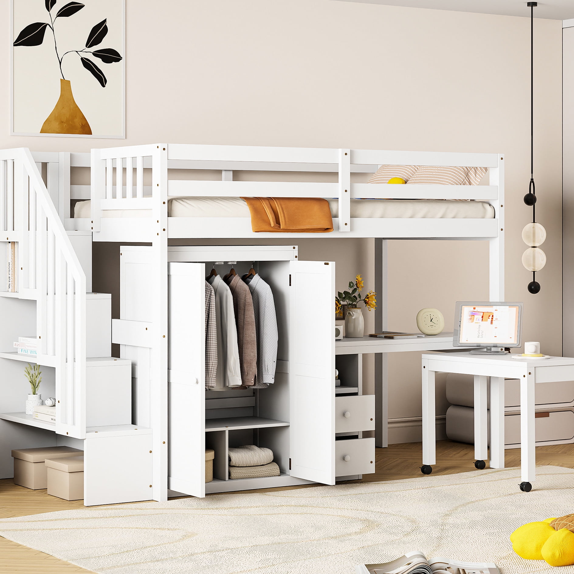Twin Loft Bed With Versatile Storage - Stairs, Bookshelf, Drawers, Desk ...
