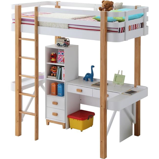 Twin Loft Bed with 2 Side Desks and Inbuilt Ladder, White and Brown ...