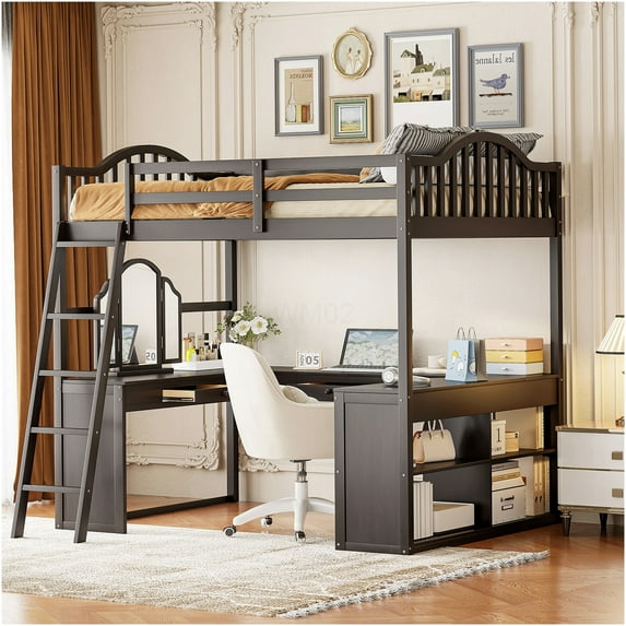 Twin Loft Bed with Desk, Guardrail & Ladder, White Oak Finish, Study ...