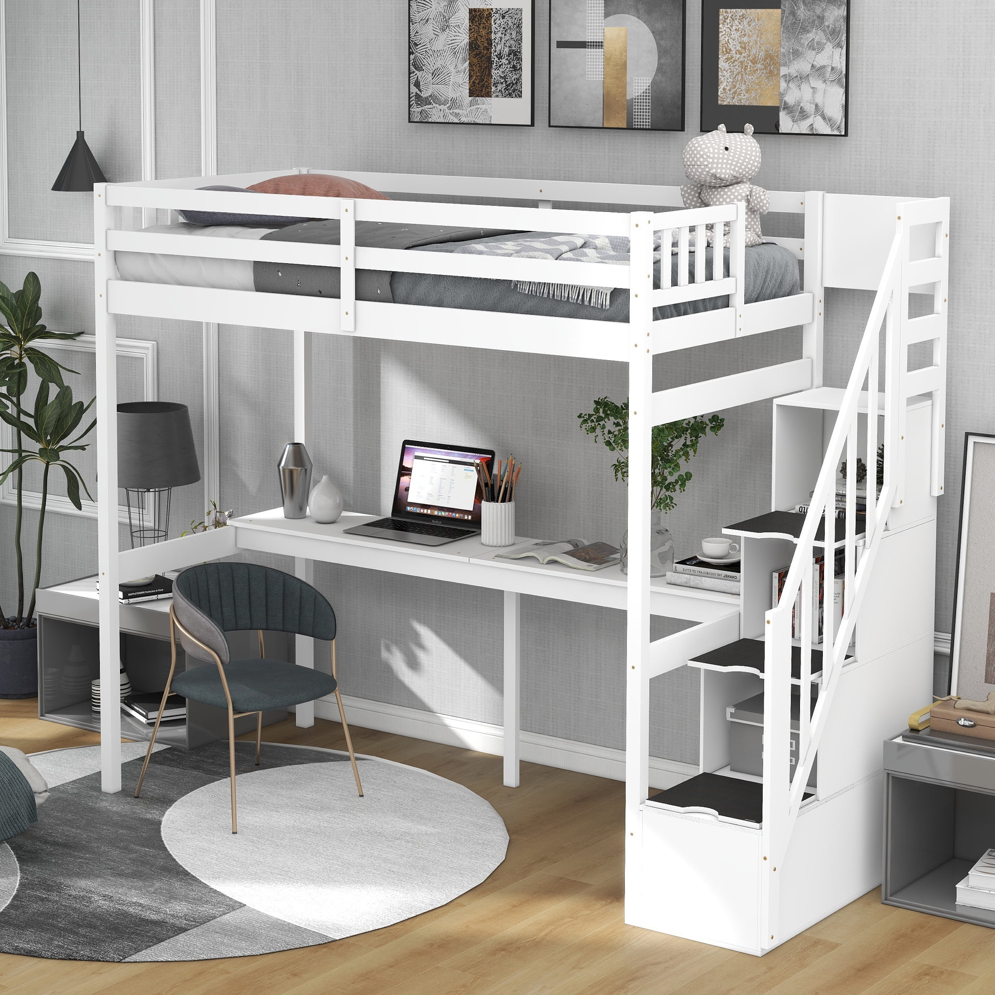 Twin Loft Bed with Desk & Storage Staircase - White, Twin Size, Pine ...
