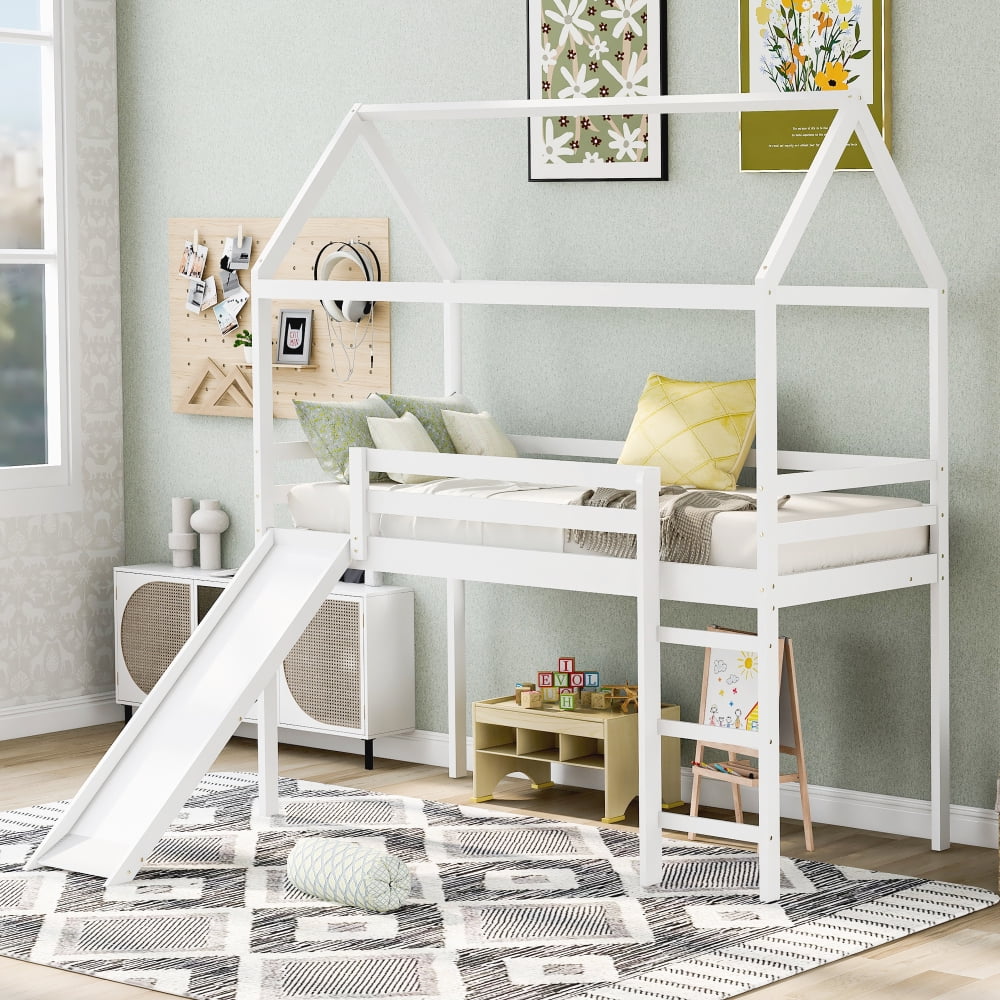 Twin Loft Bed with Slide Ladder, House Shape Bed Frame Solid Wood Loft ...
