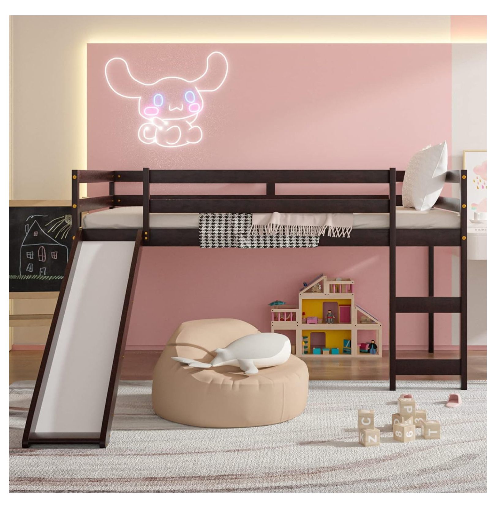 Twin Loft Bed with Slide, Low Loft Bed with Stairs, Solid Wood Twin ...