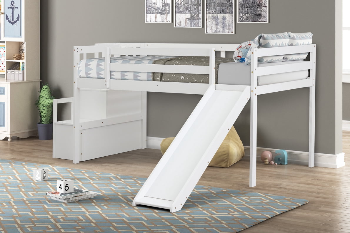 Twin Loft Bed with Slide, Wood Low Loft Bed Frame with Climbing Ladder ...