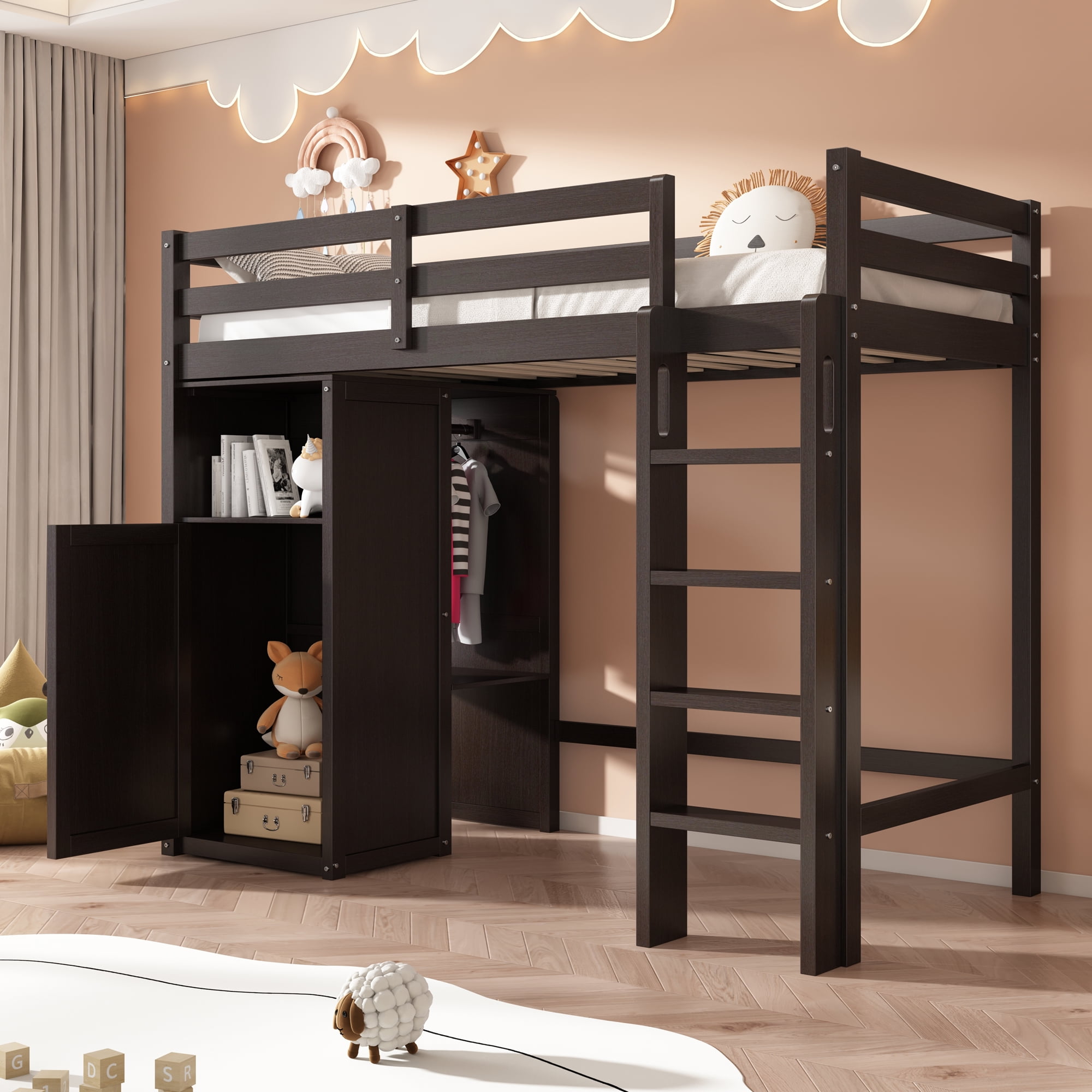 Twin Loft Bed with Wardrobe,Storage Shelves and Ladder,Espresso ...
