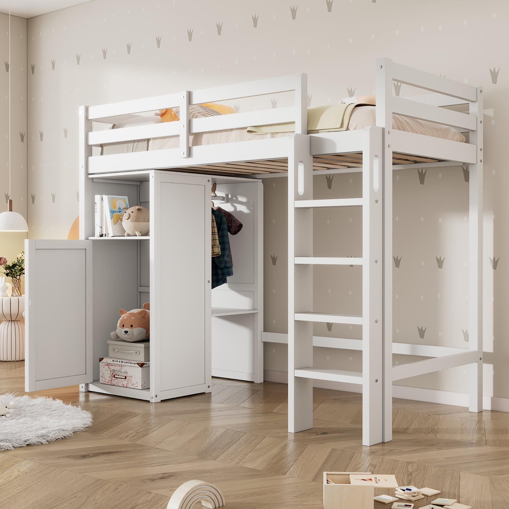 Twin Loft Bed with Wardrobe,Storage Shelves and Ladder,White,White ...