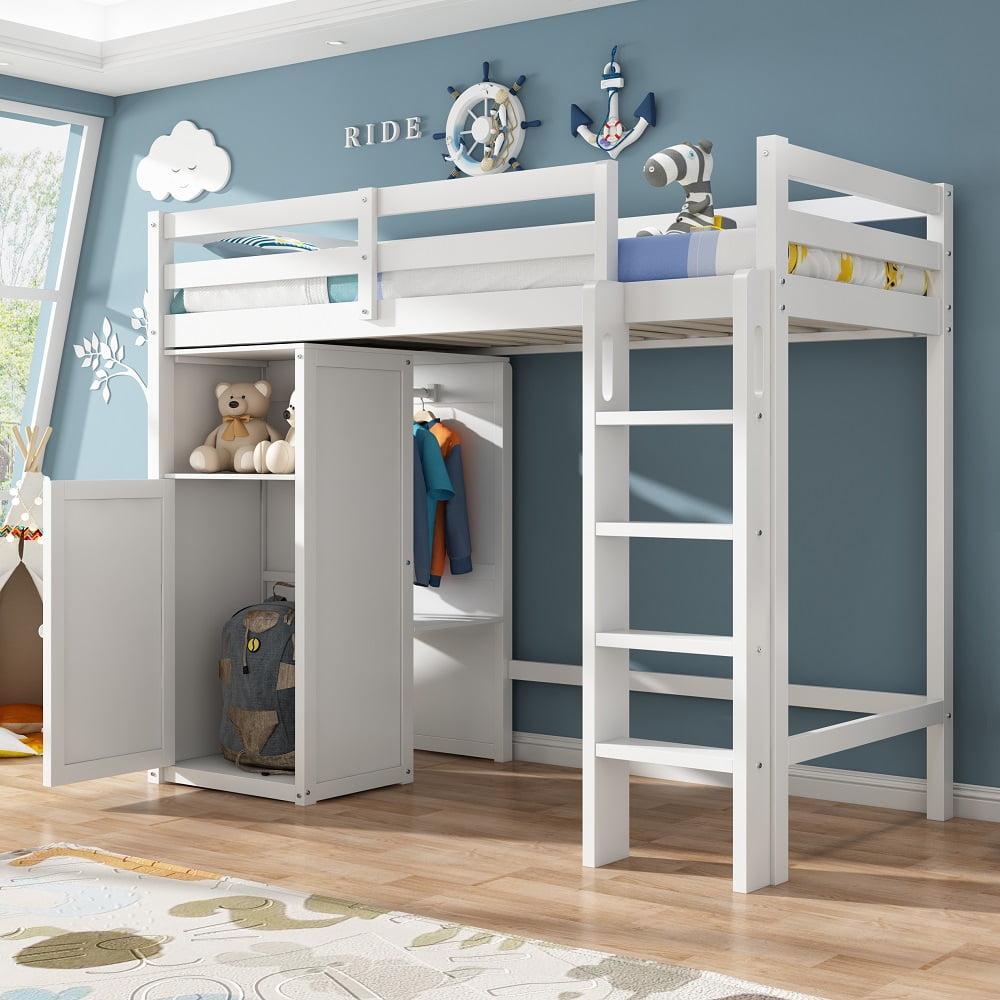 Twin Loft Bed with Wardrobe, Storage Shelves and Ladder, White ...