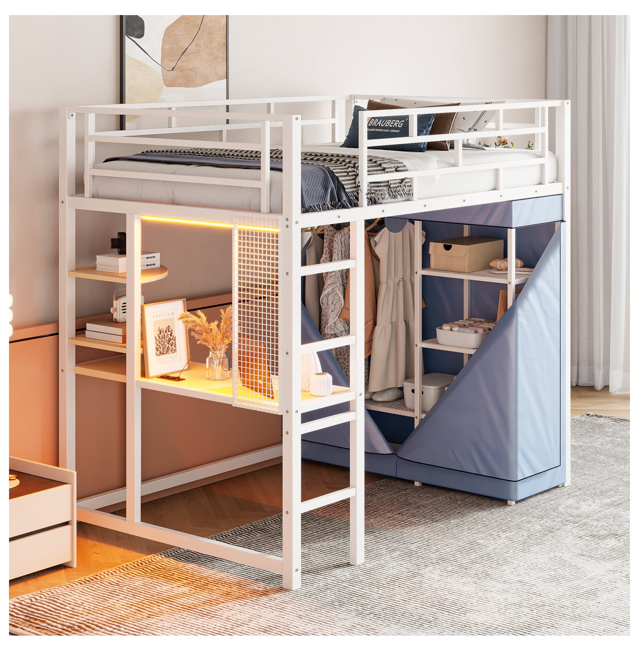 Twin Loft Metal Bed with Desk, Shelves, LED Light, Power Outlet ...
