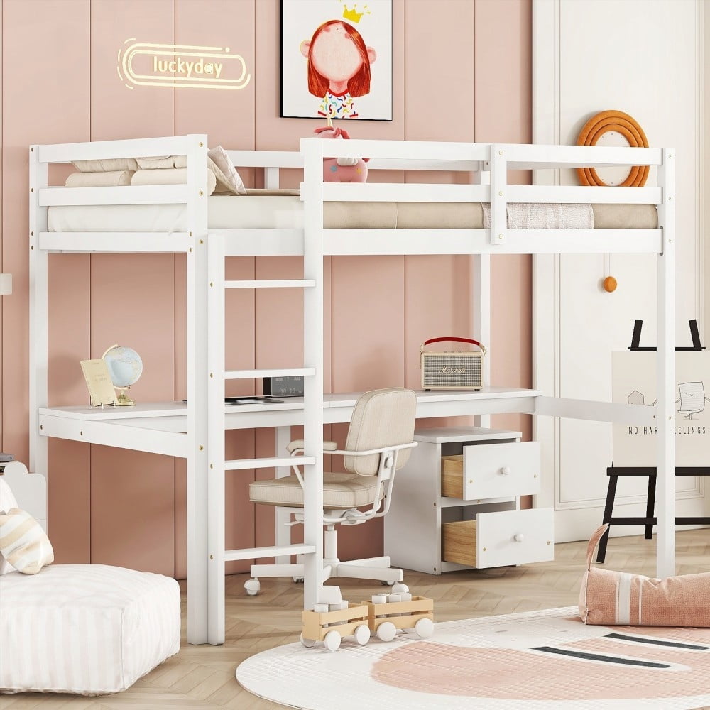 Twin Loft Wood Bed Featuring Under-bed Desk & Storage Cabinet, 2 ...