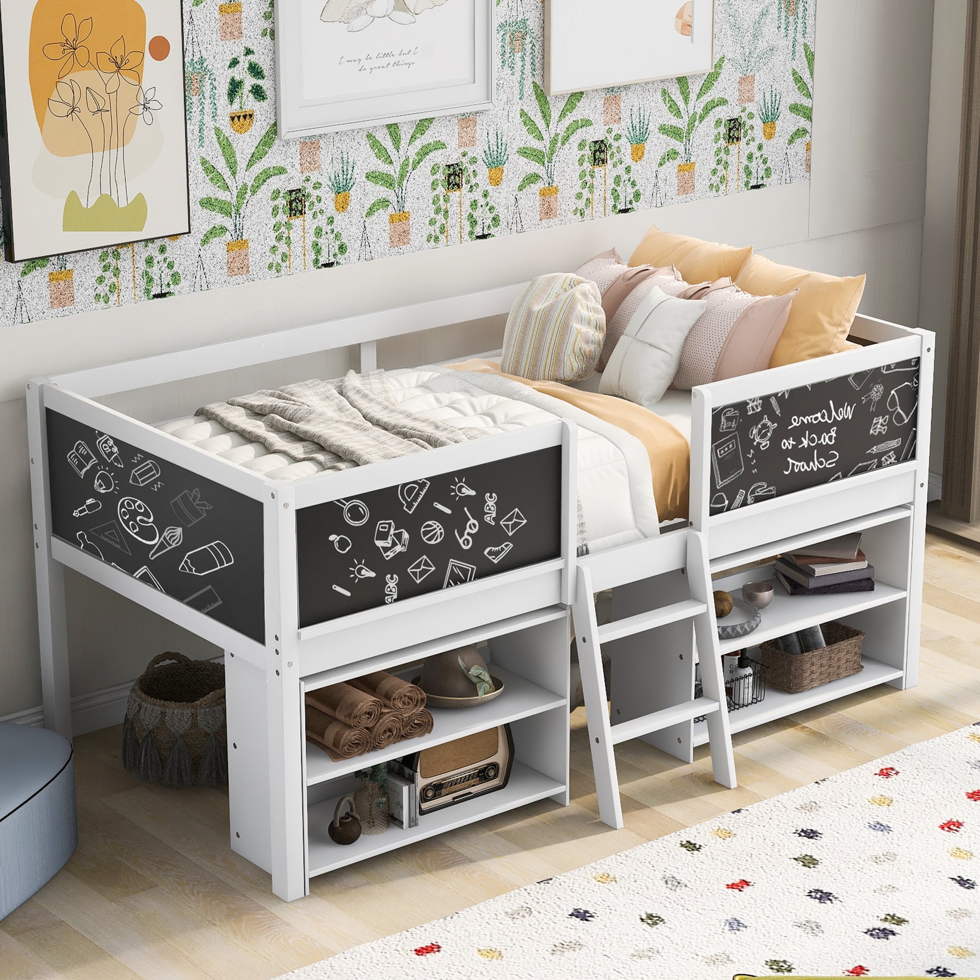 Twin Low Loft Bed With Movable Shelves, And Chalkboard - Bedroom ...