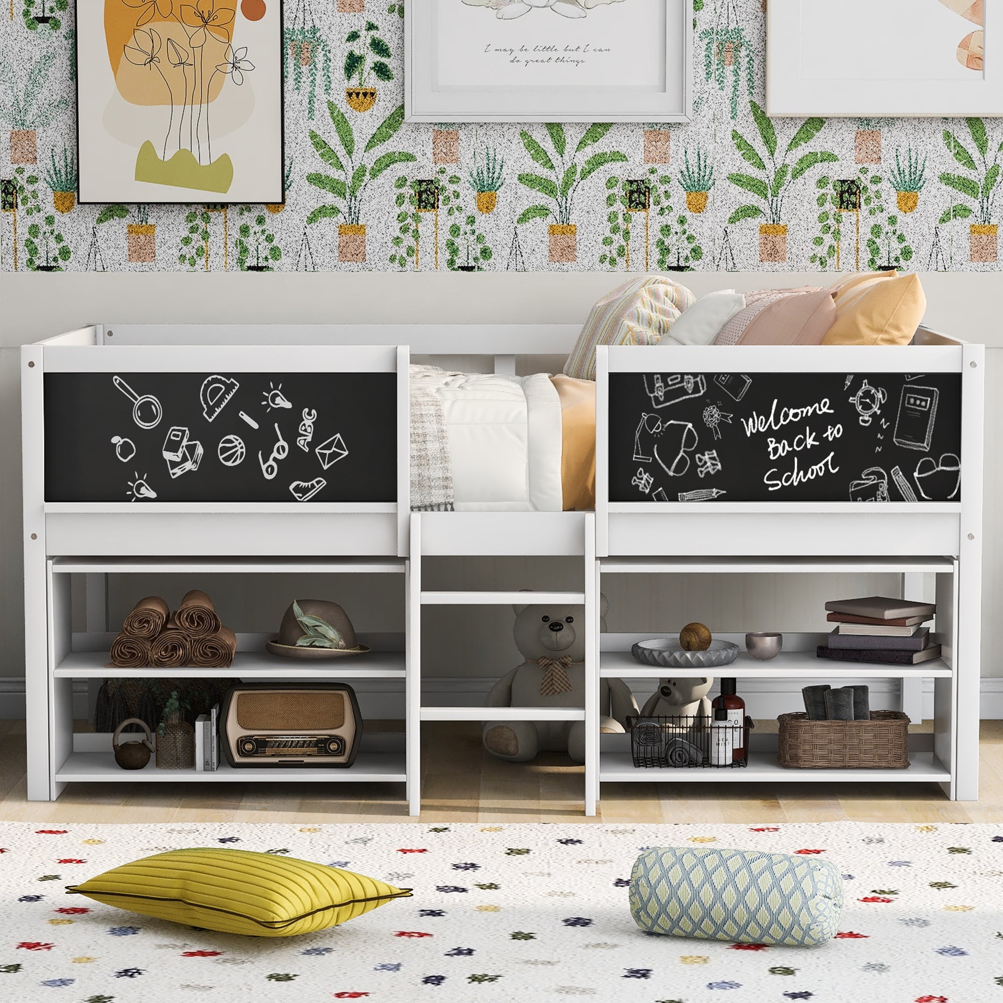 Twin Low Loft Bed with Chalkboard – 250LB Capacity – 2 Movable Shelves ...