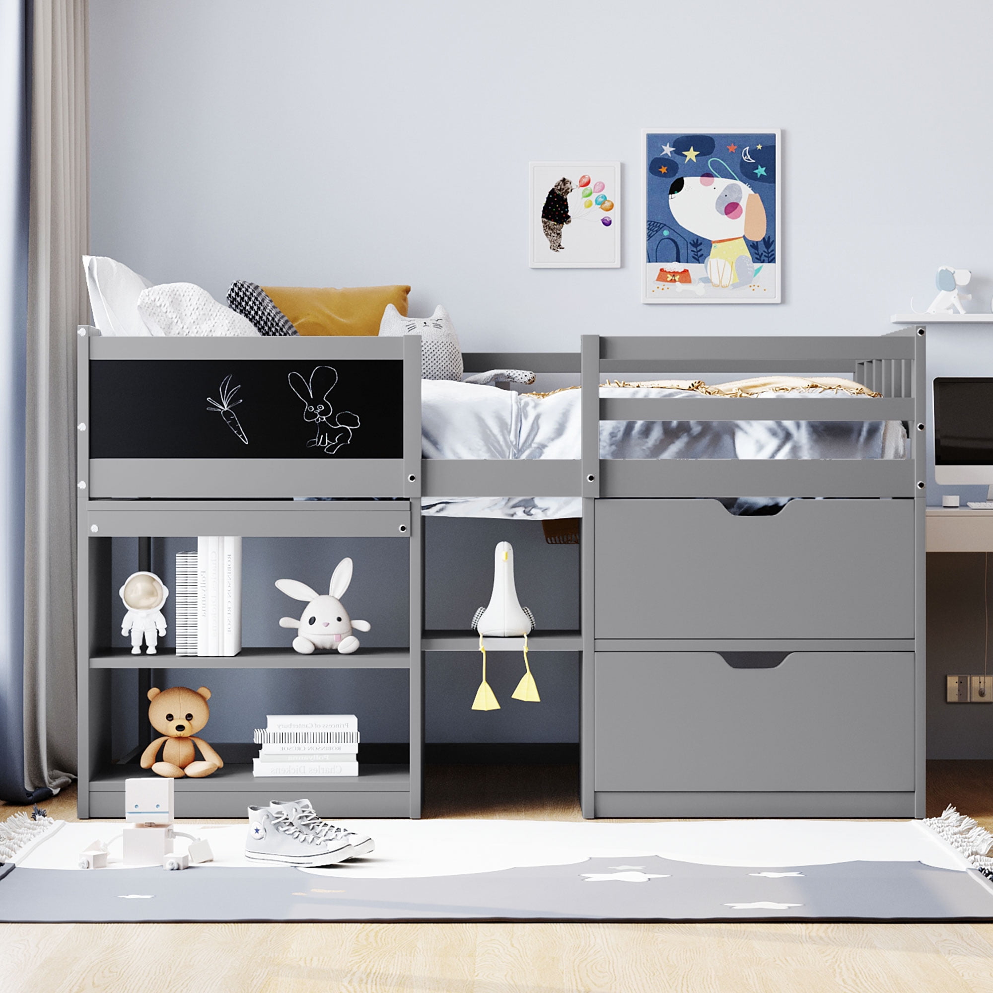 Twin Low Loft Bed with Rolling Desk – 250LB Capacity – Built-in ...