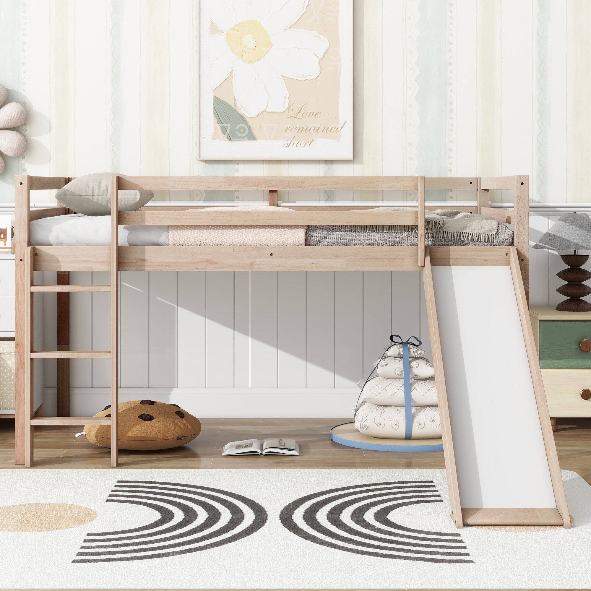 Twin Low Loft Bed with Slide,Ladder,Safety Guardrails,Rubber Wood Twin ...