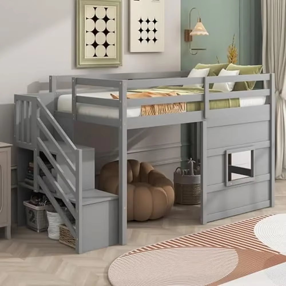Twin Low Loft Bed with Stairs & Storage Kids Solid Pine Wood Gray ...