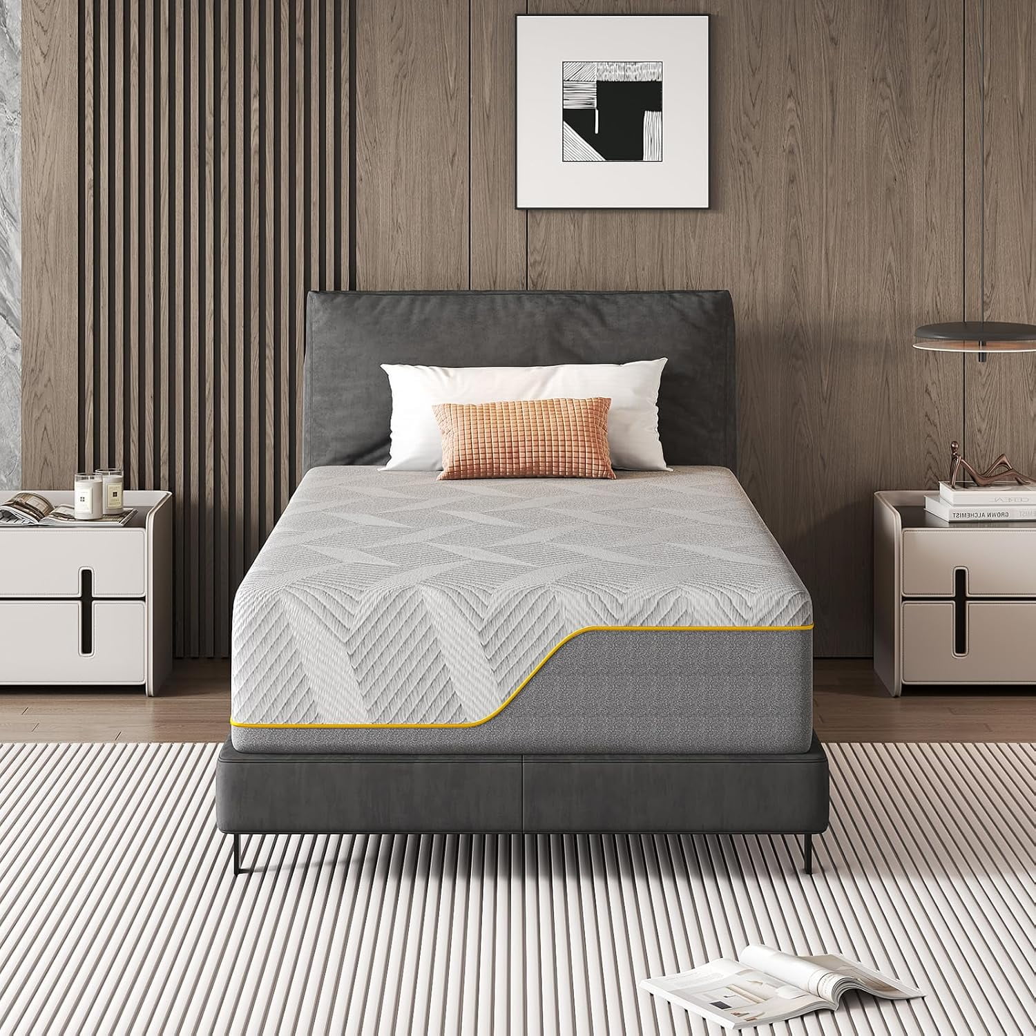 Twin Mattress, 14 Inch Green Tea Cooling Gel Memory Foam Grey Mattress for Cool Night & Pressure ...