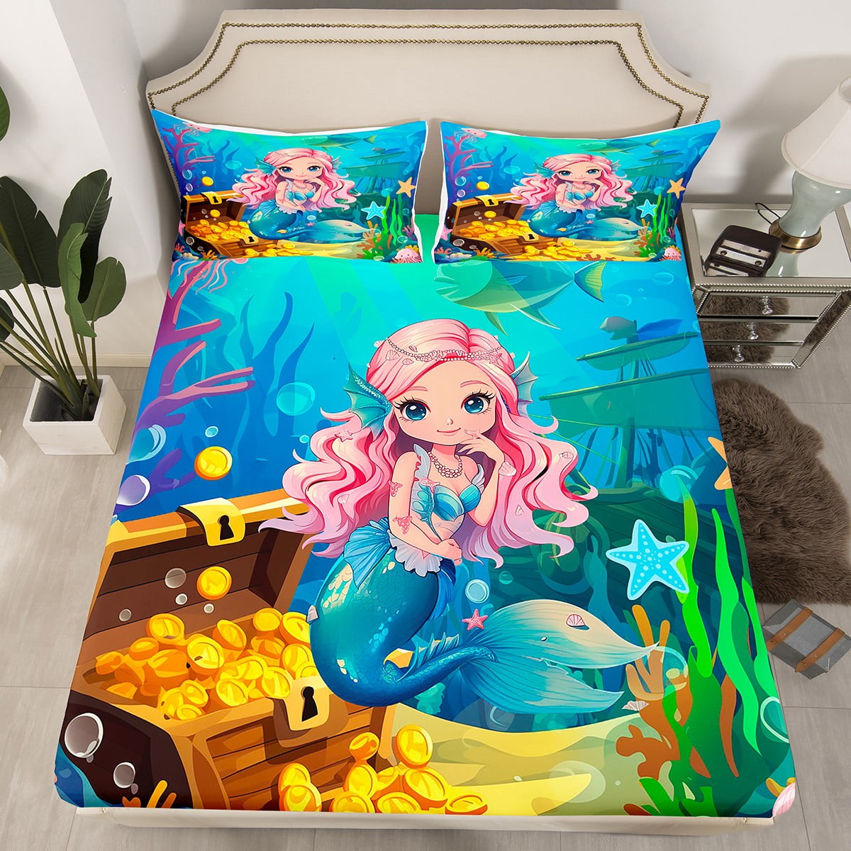 Twin Mermaid Bed Set,Kawaii Mermaid Princess Fitted Sheet Teens ...
