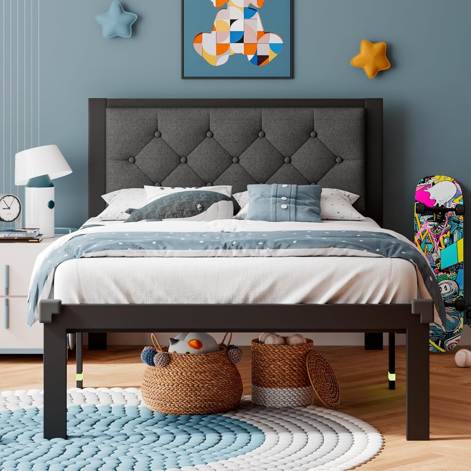 Twin Metal Bed Frame, Linen Platform Bed Frame with Button Tufted ...