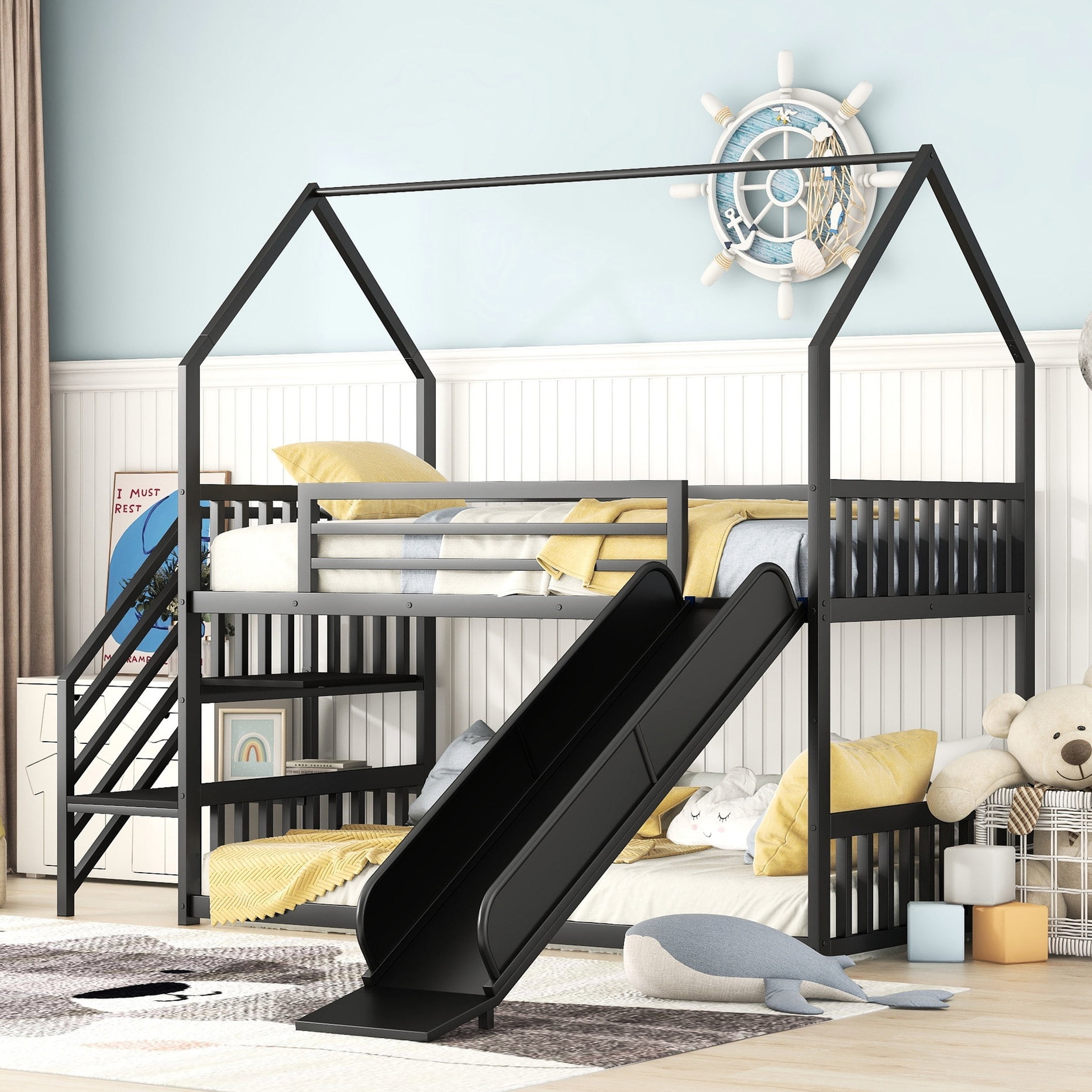 Twin Metal Bunk Bed with Slide and Built - in Storage / Meets Family's ...