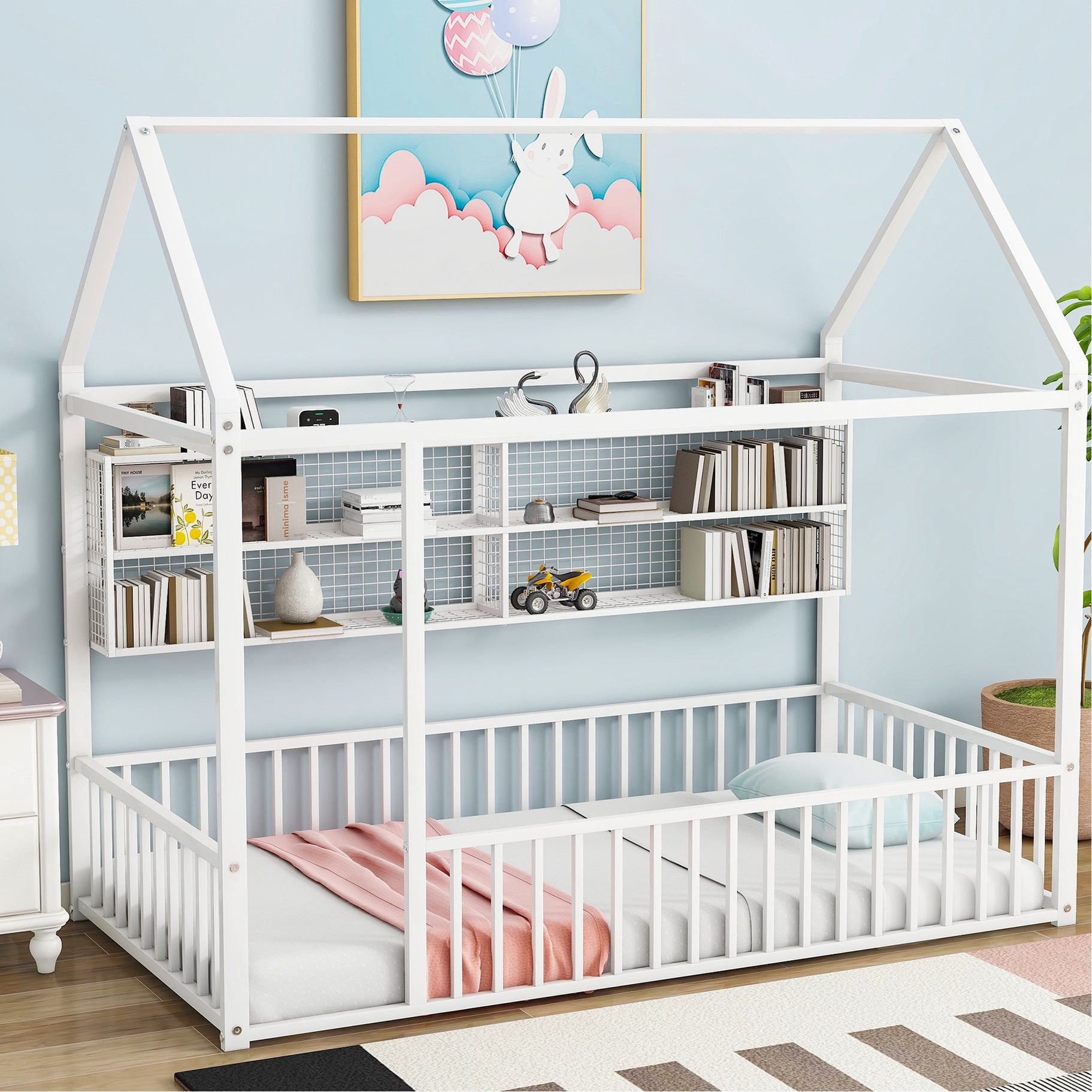 Twin Metal House Bed Frame with Storage Shelves | Saves Space, Adds ...