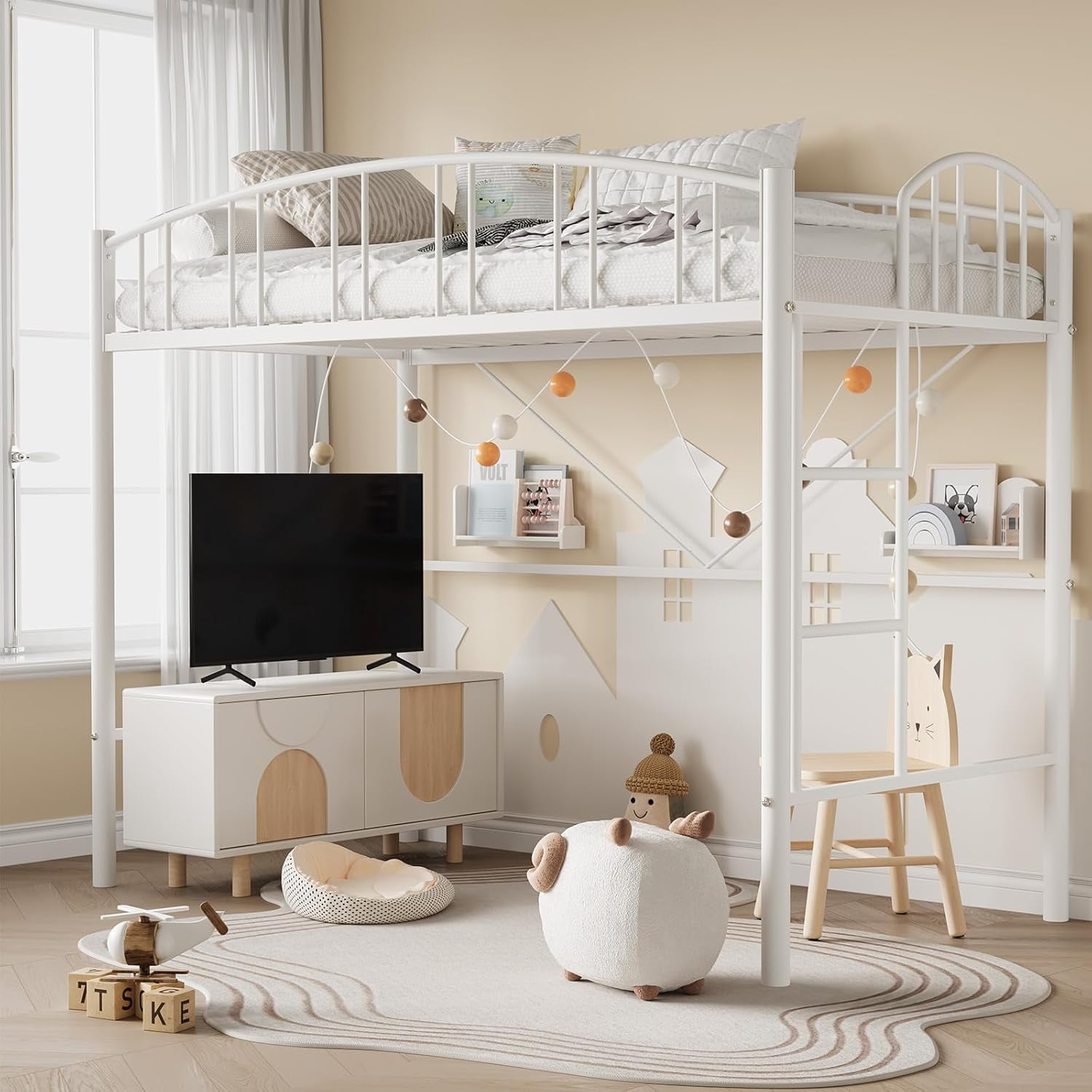 Twin Metal Loft Bed Frame with Arched Guardrail and Safety Ladder,Space ...