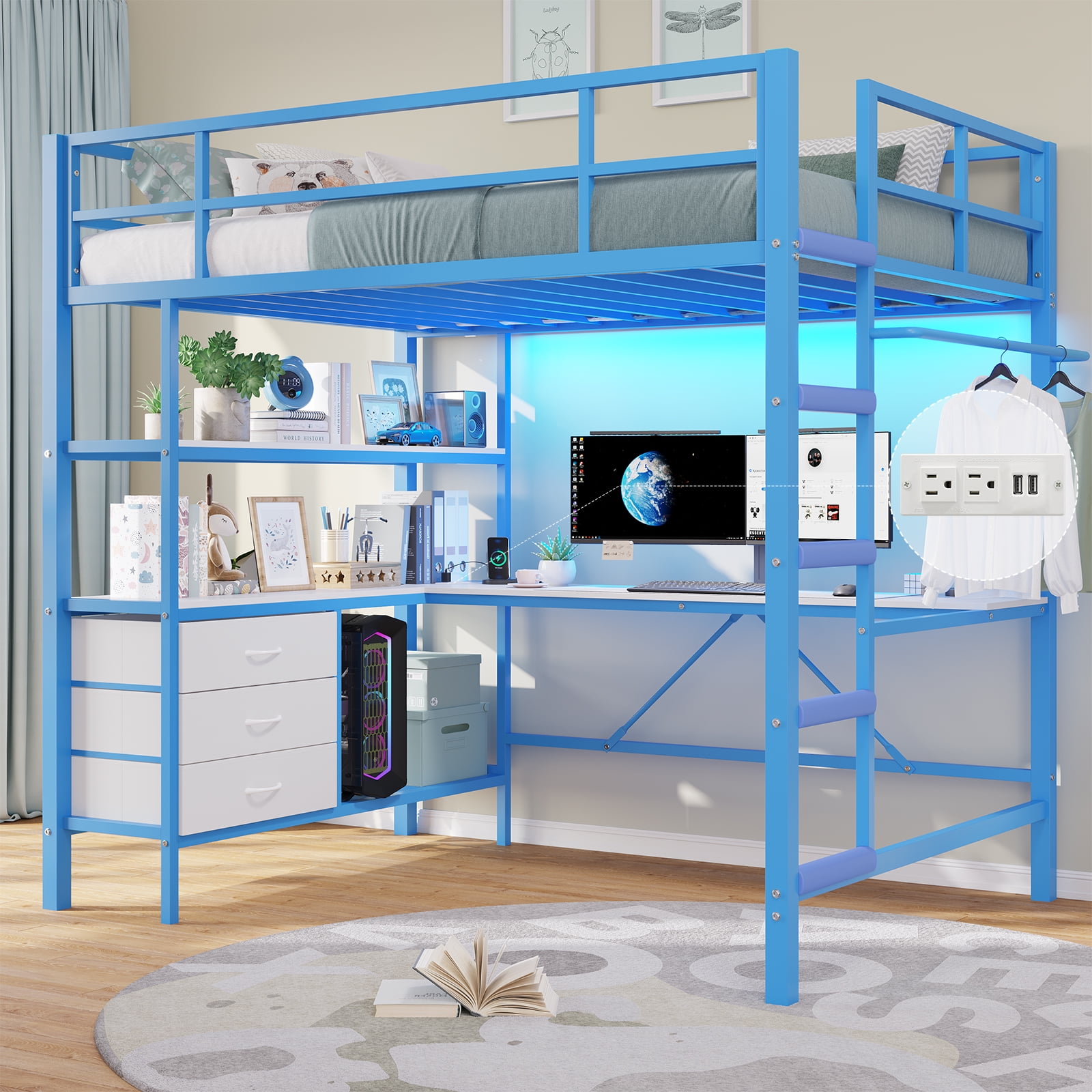 Twin Metal Loft Bed Frame with L-Shaped Desk&LED Lights&Charging ...