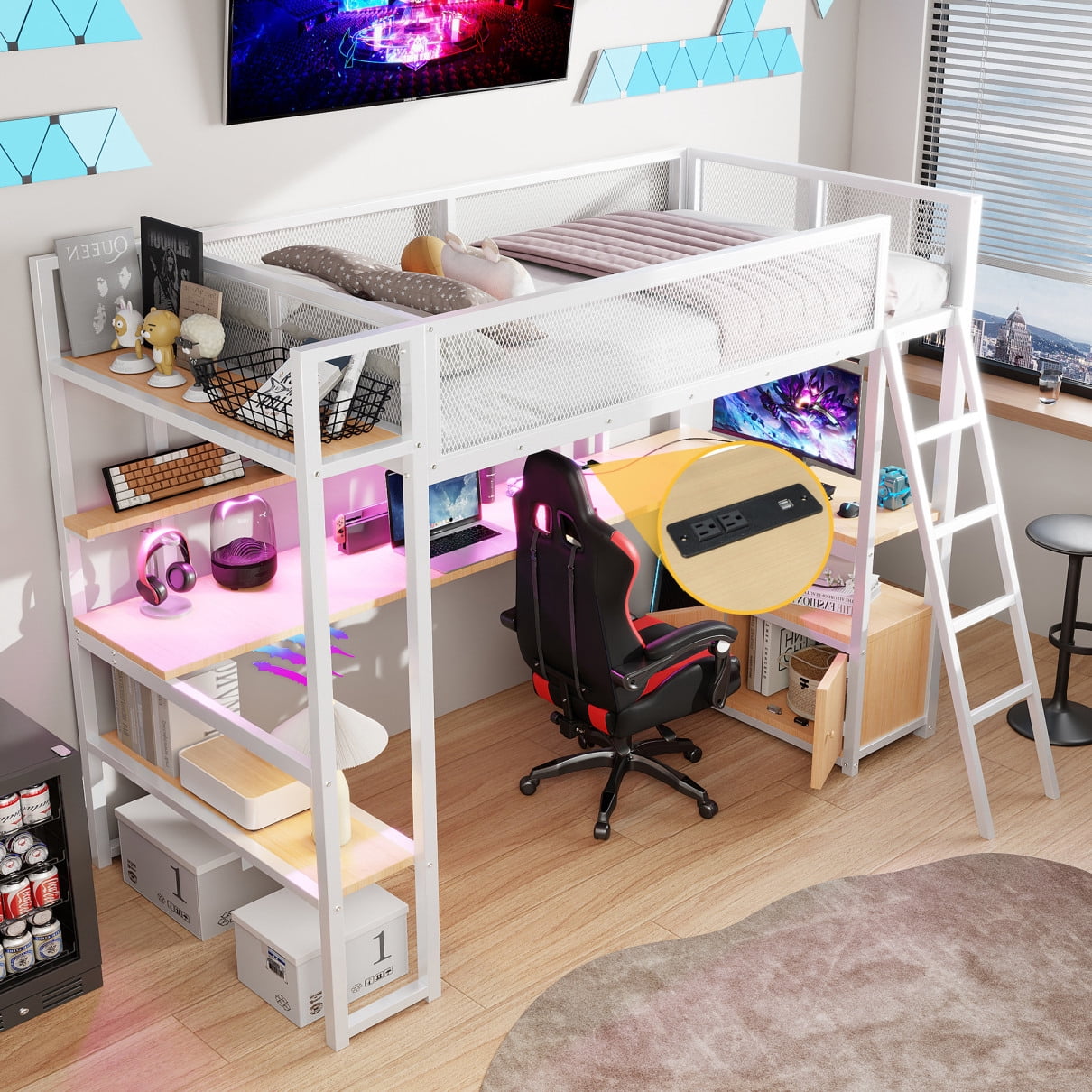 Twin Metal Loft Bed with L-Shaped Desk, Loft Bed Frame Twin Size with ...